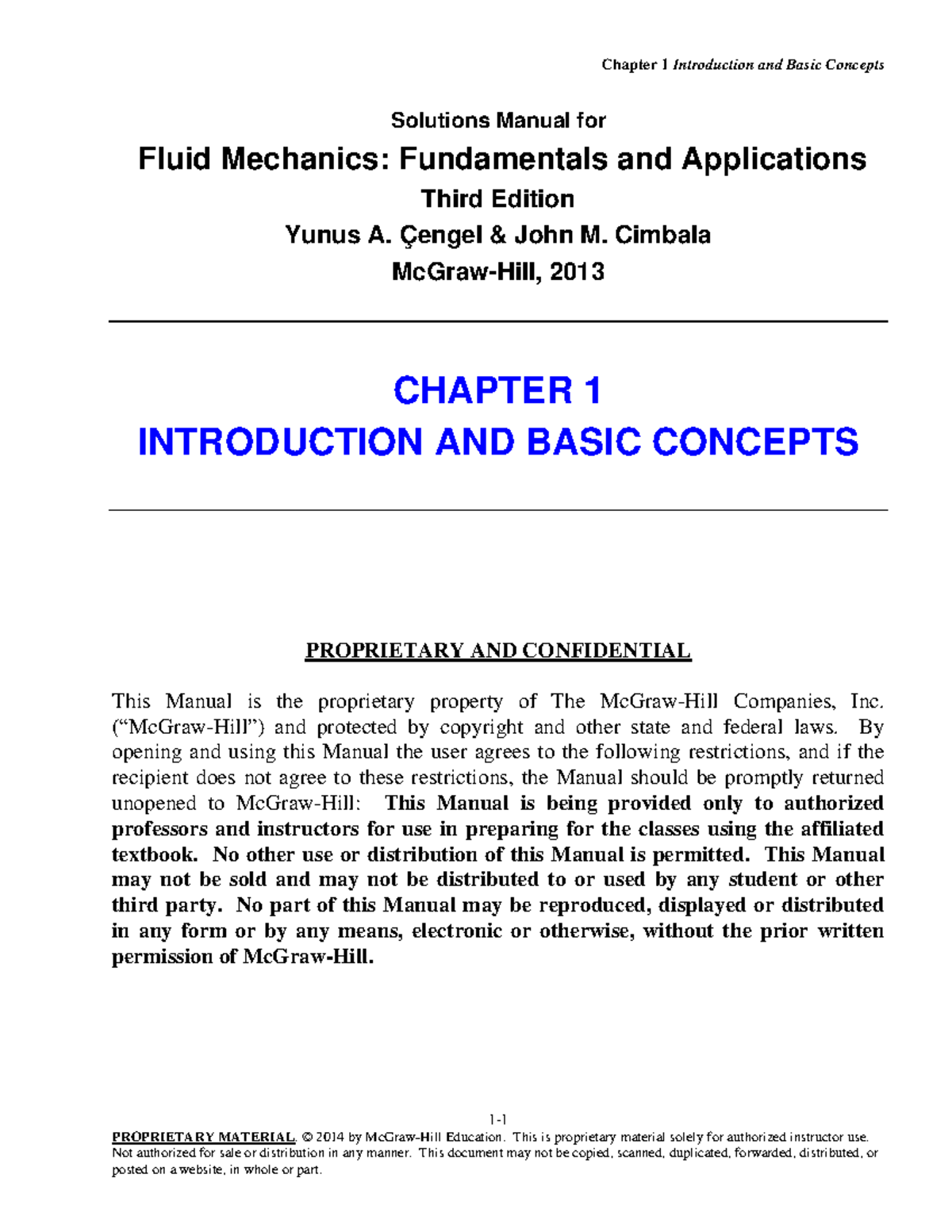 FM 3e SM Chap01 - fluid mechanism - PROPRIETARY MATERIAL. © 2014 by McGraw-Hill Education. This ...