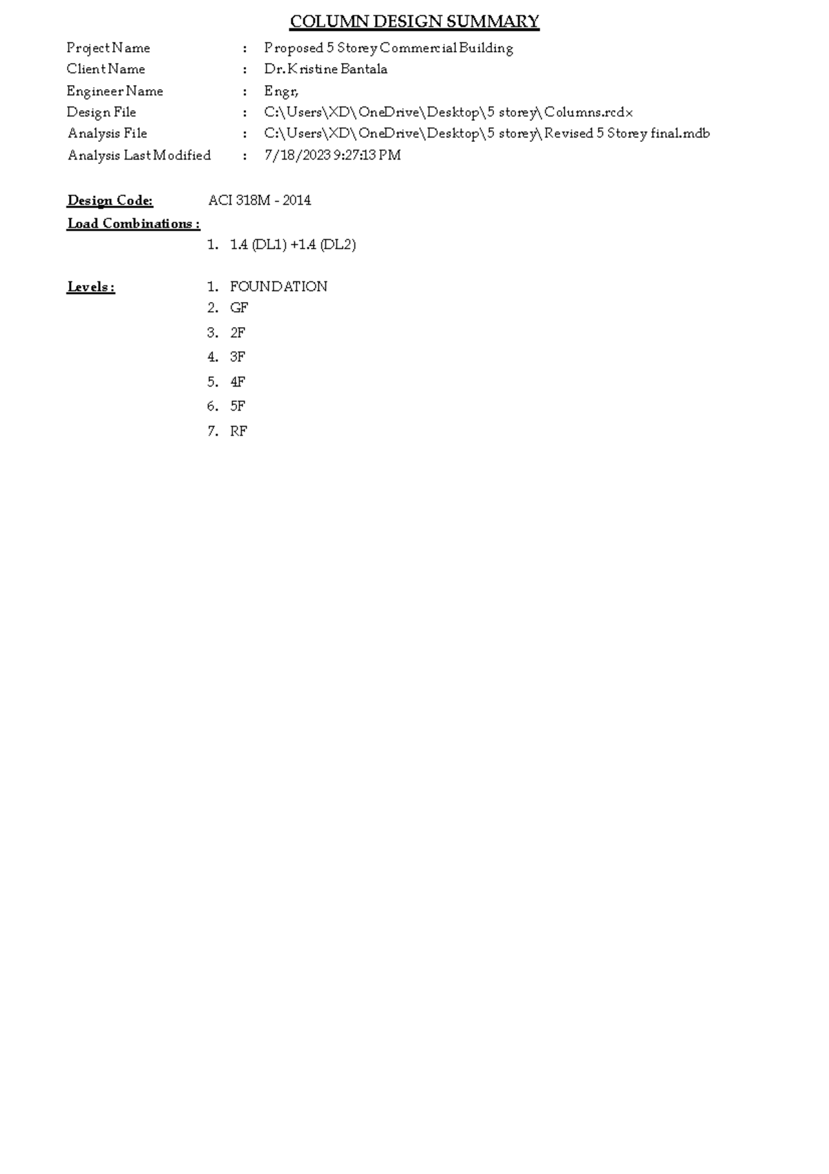 Columns and wall - COLUMN DESIGN SUMMARY Project Name : Proposed 5 ...