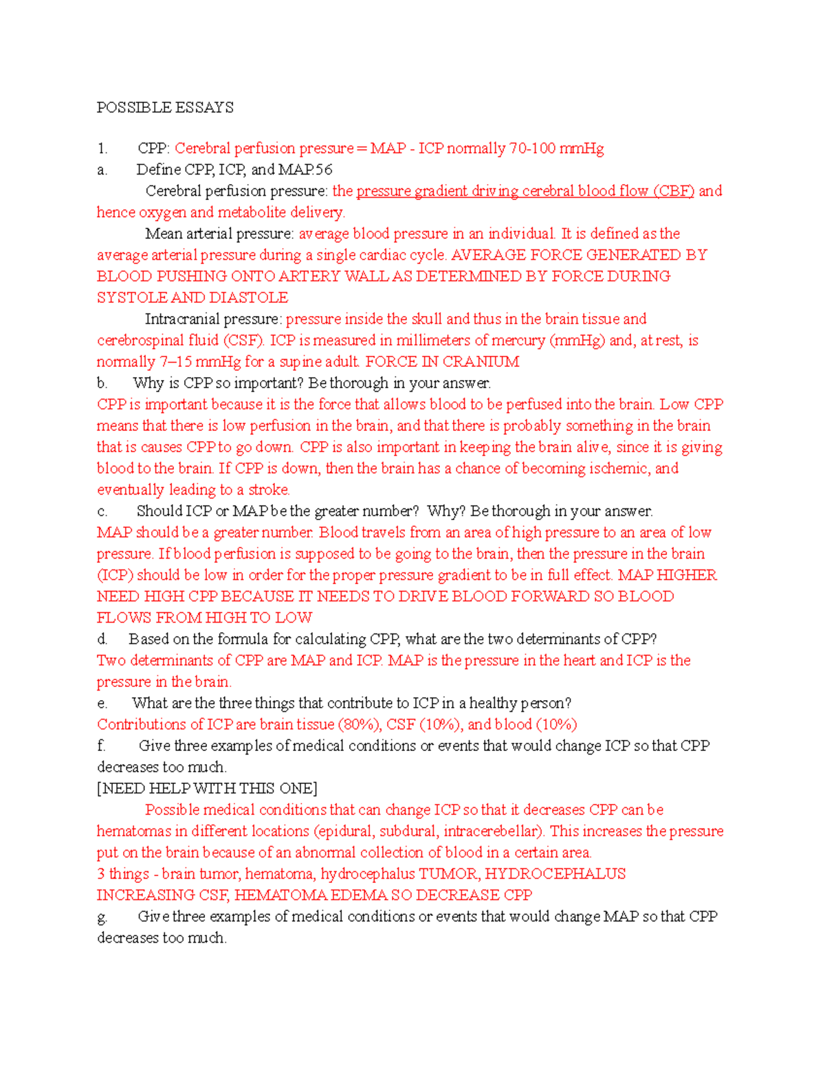WTS Lecture Exam 4 - Exam 4 study guide - POSSIBLE ESSAYS CPP: Cerebral perfusion pressure = MAP ...