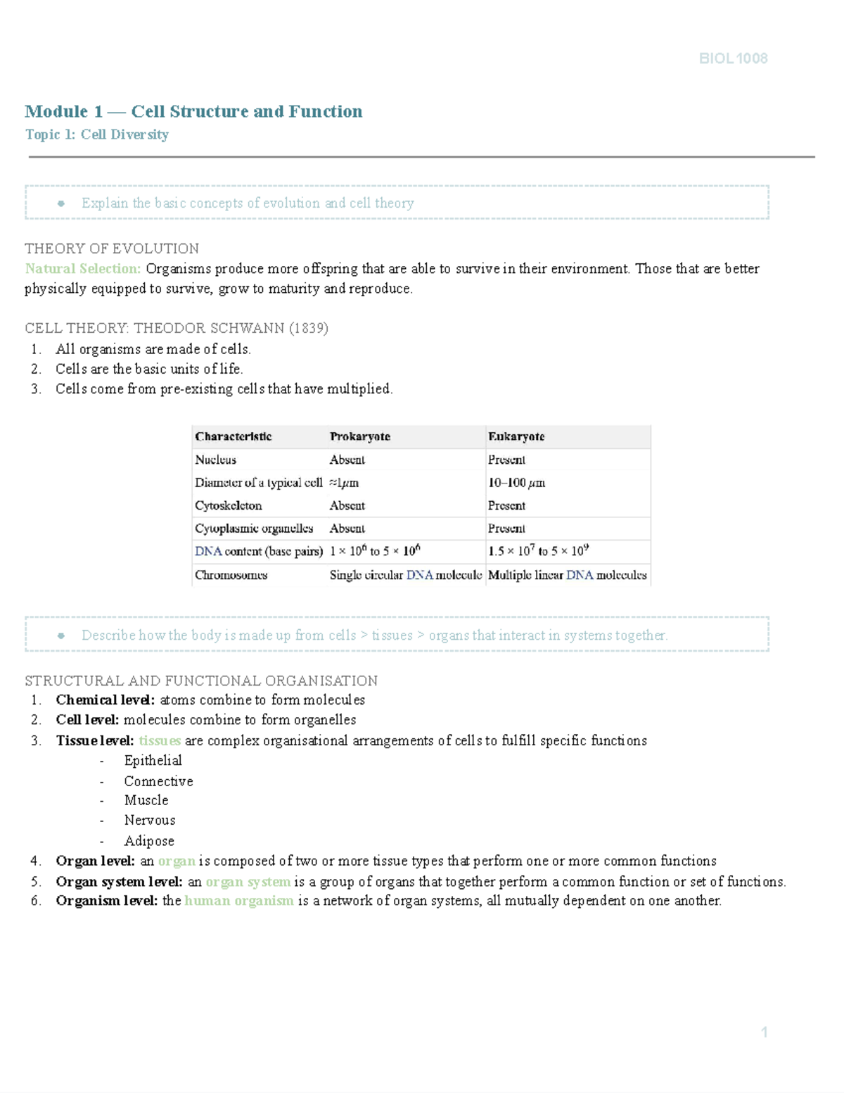 BIOL1008 study notes - Module 1 — Cell Structure and Function Topic 1 ...