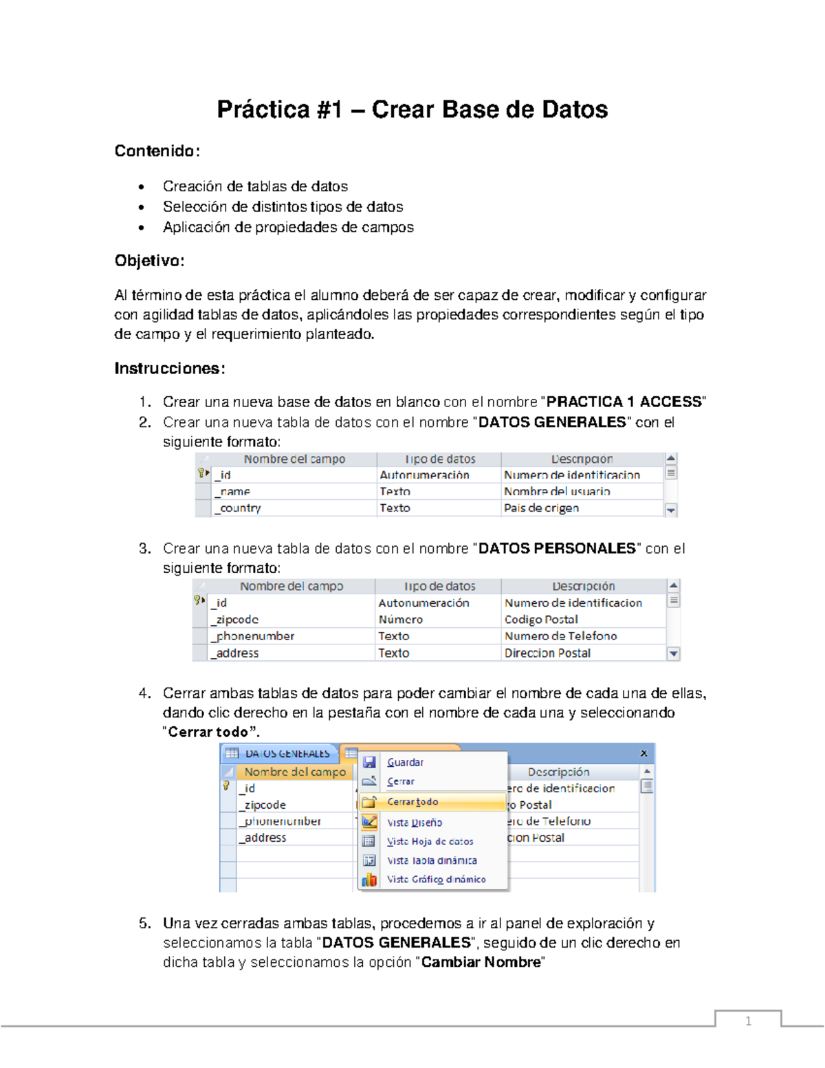 Practica 5to BDA - Práctica #1 – Crear Base de Datos Contenido: Creación de tablas de datos ...