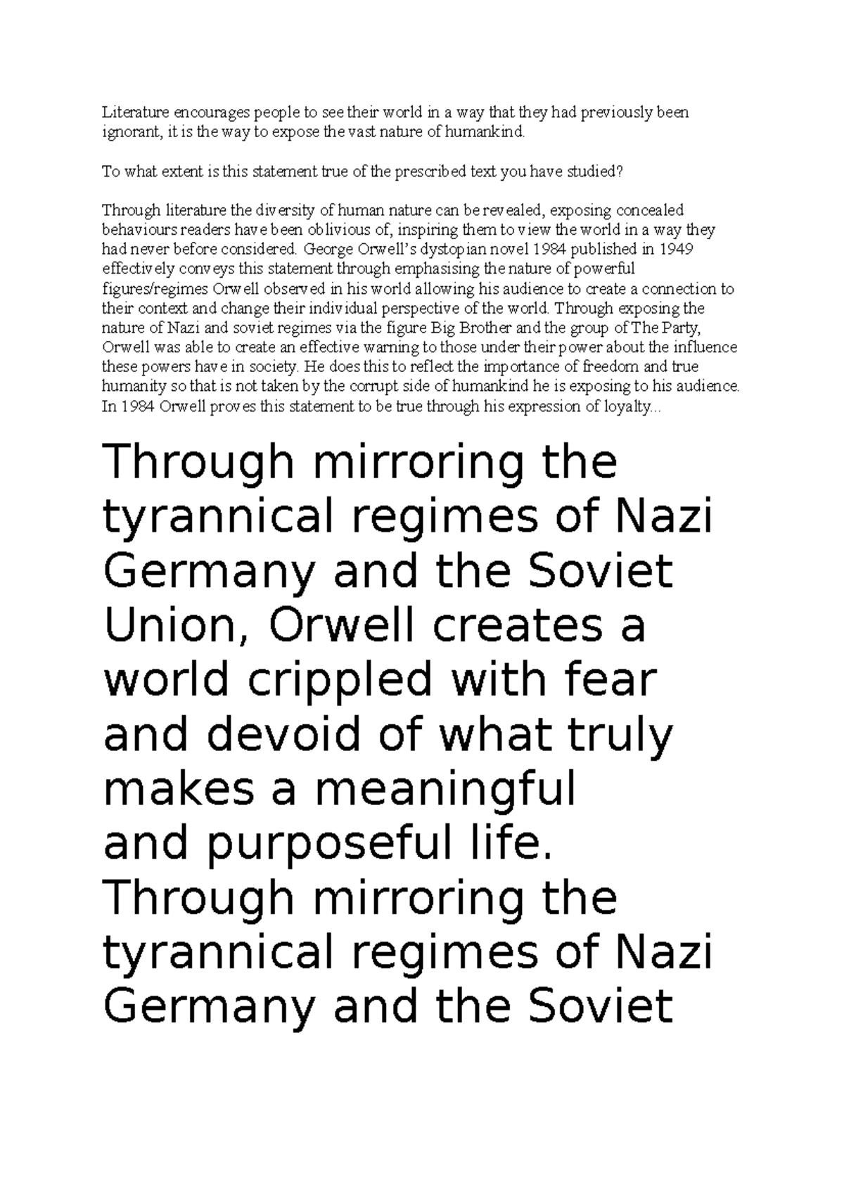 Essay- 1984 George Orwell - Literature encourages people to see their ...