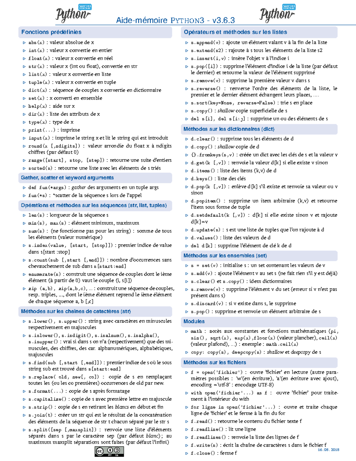 Aide-memoire-MOOC - Liste de fonction et mot clés intégrée de python. - Aide-mémoire PYTHON 3 ...