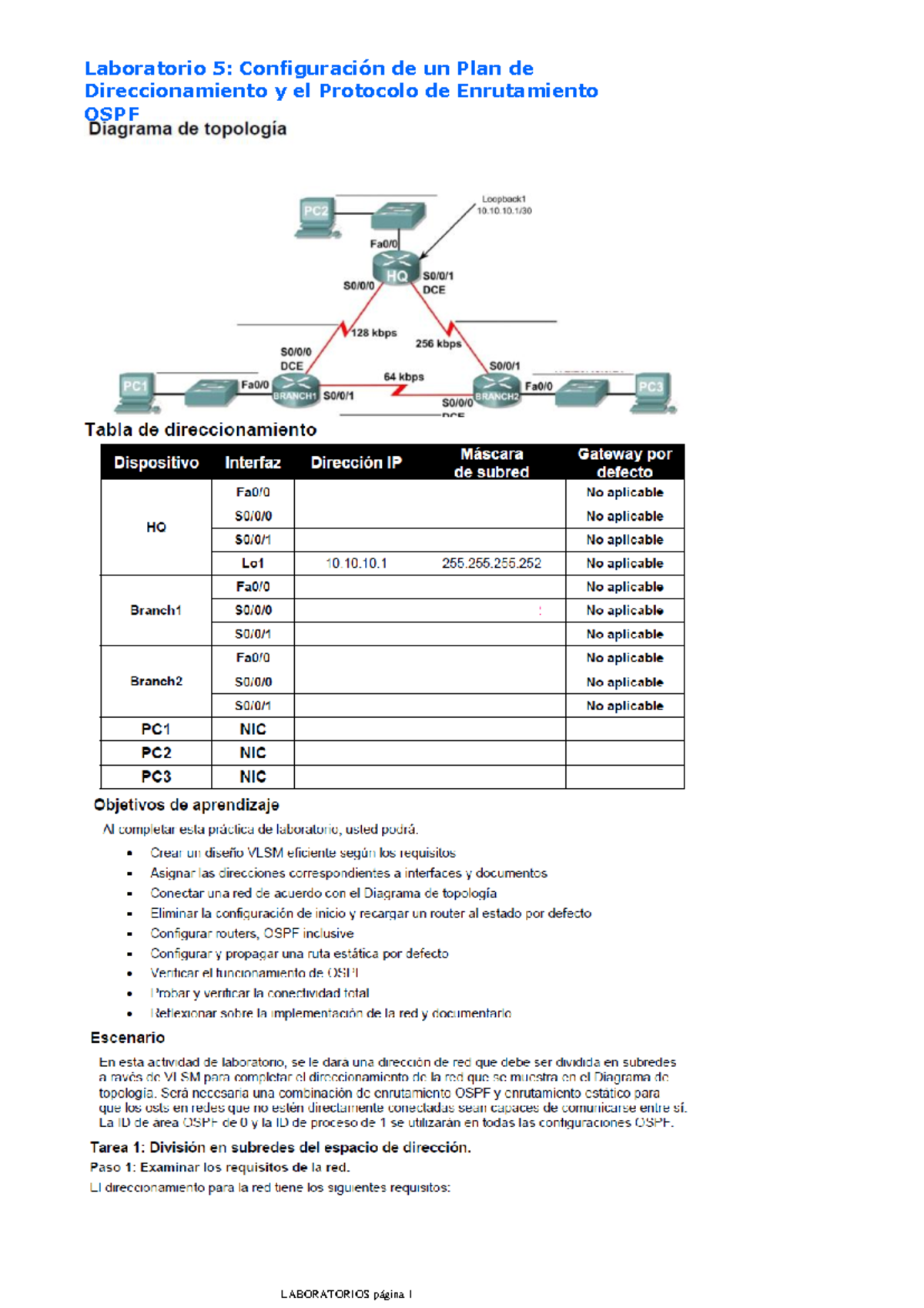 Laboratorio 5 Configuración de un Plan de Direccionamiento y el Protocolo de Enrutamiento OSPF ...