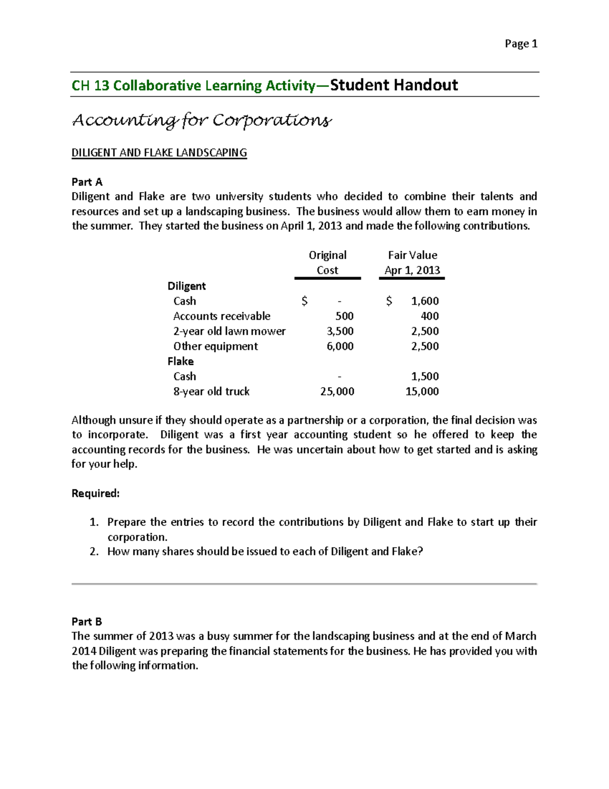 ACCT 1210 CH 13 Student Handout - CH 13 Collaborative Learning Activity ...