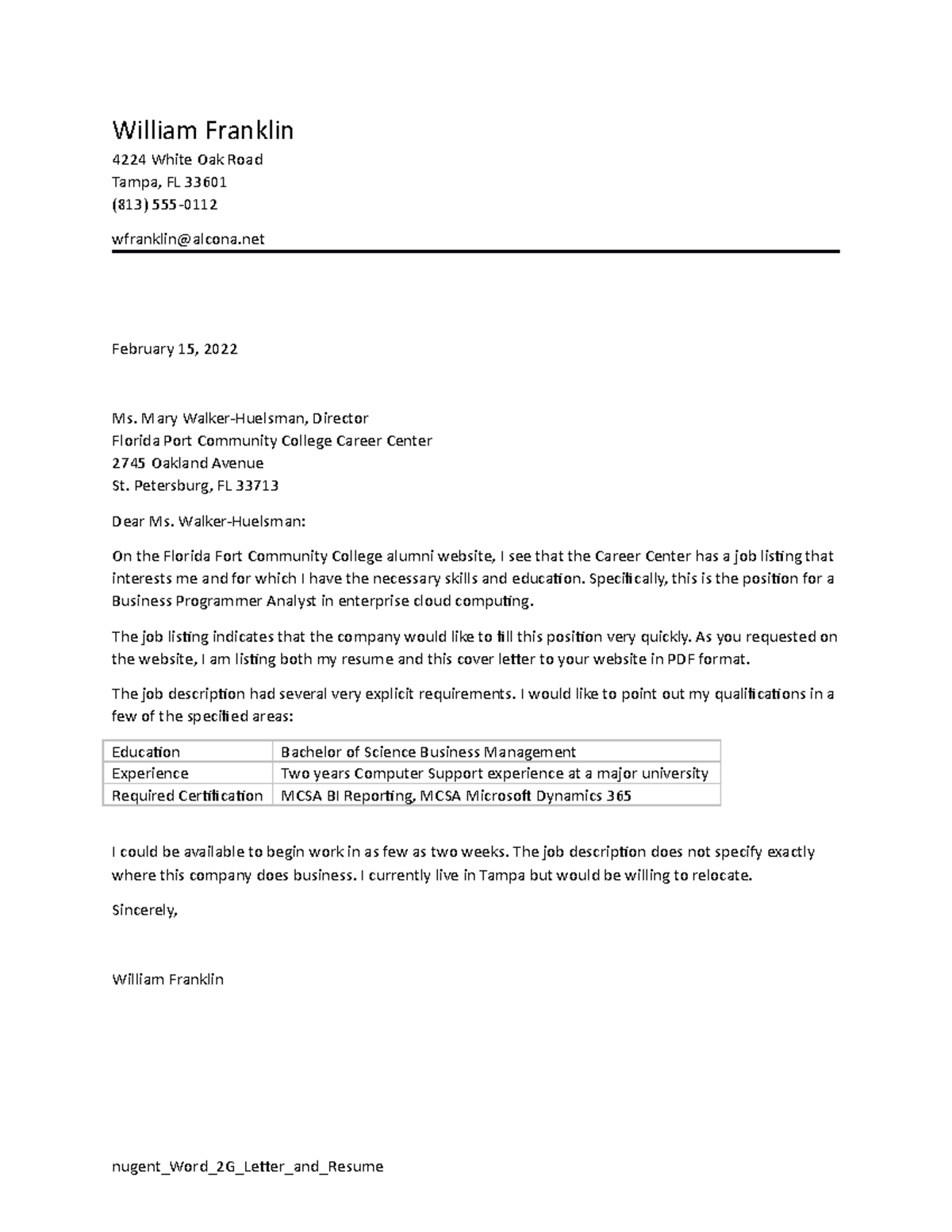 Word 2G Letter and Resume (Homework) (PC and Mac) - William Franklin ...