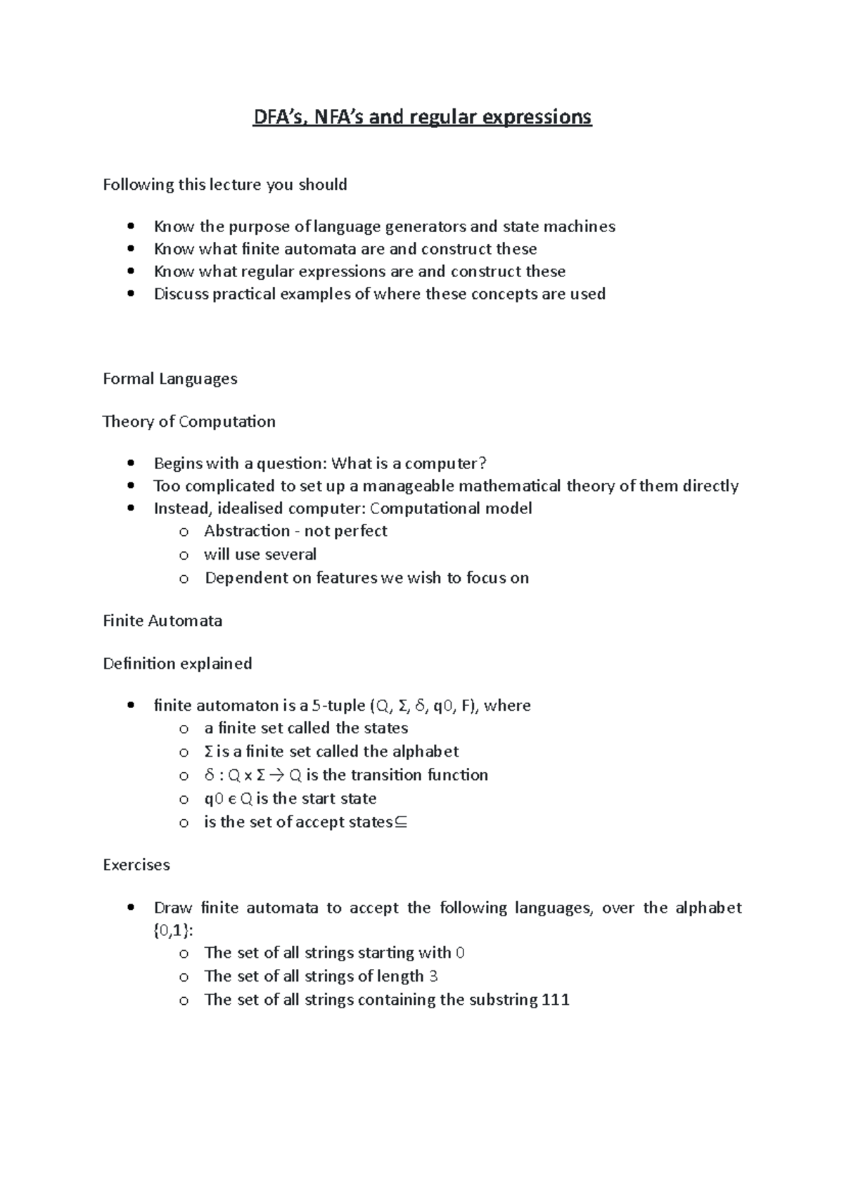 DFA’s, NFA’s and regular expressions - DFA’s, NFA’s and regular ...