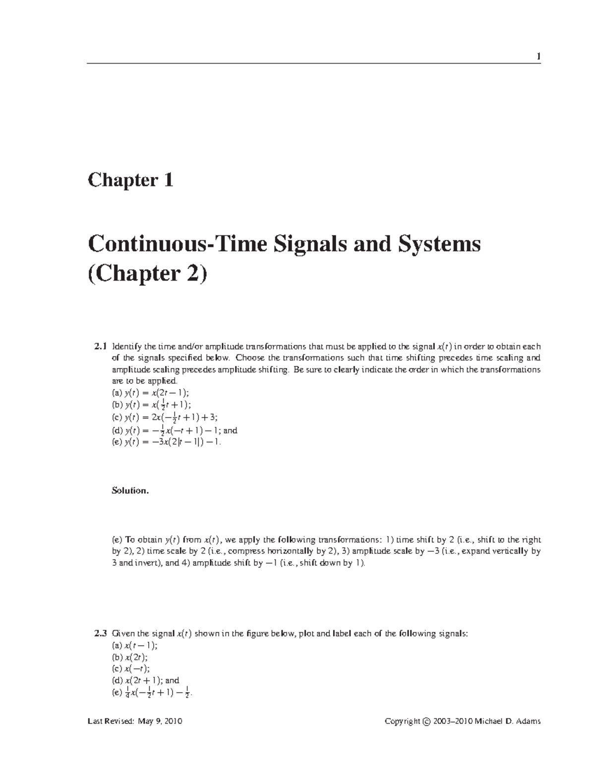 Continuous - Time Signals and Systems - Assignments - asgn2a soln - Chapter 1 Continuous-Time ...