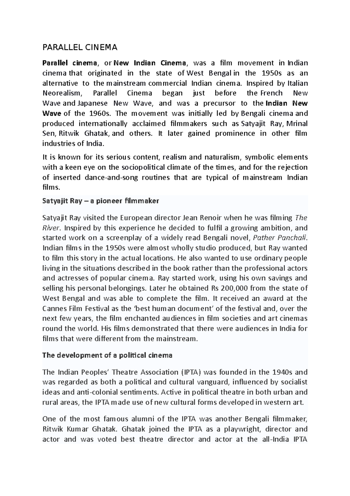 Parallel Cinema - PARALLEL CINEMA Parallel cinema, or New Indian Cinema ...