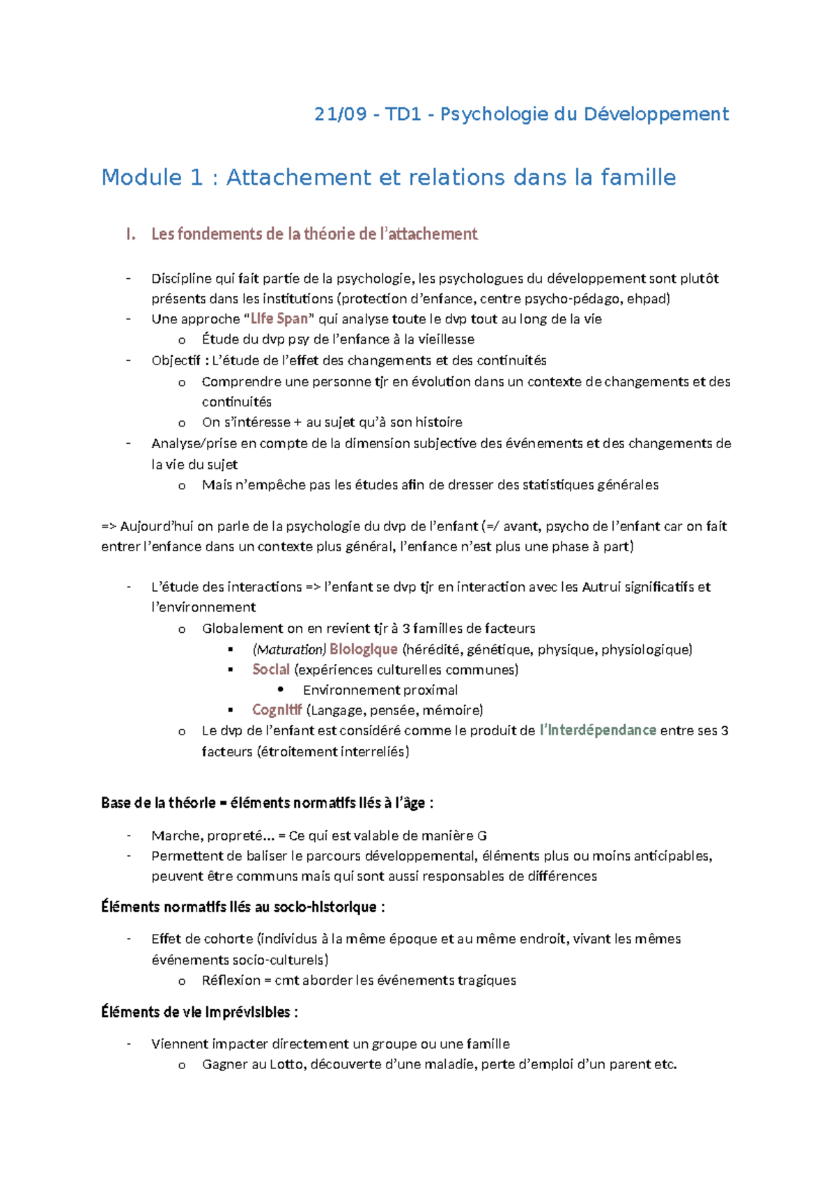 Psy dev - Module 1 - L'attachement - 21/09 - TD1 - Psychologie du Développement Module 1 : - Studocu