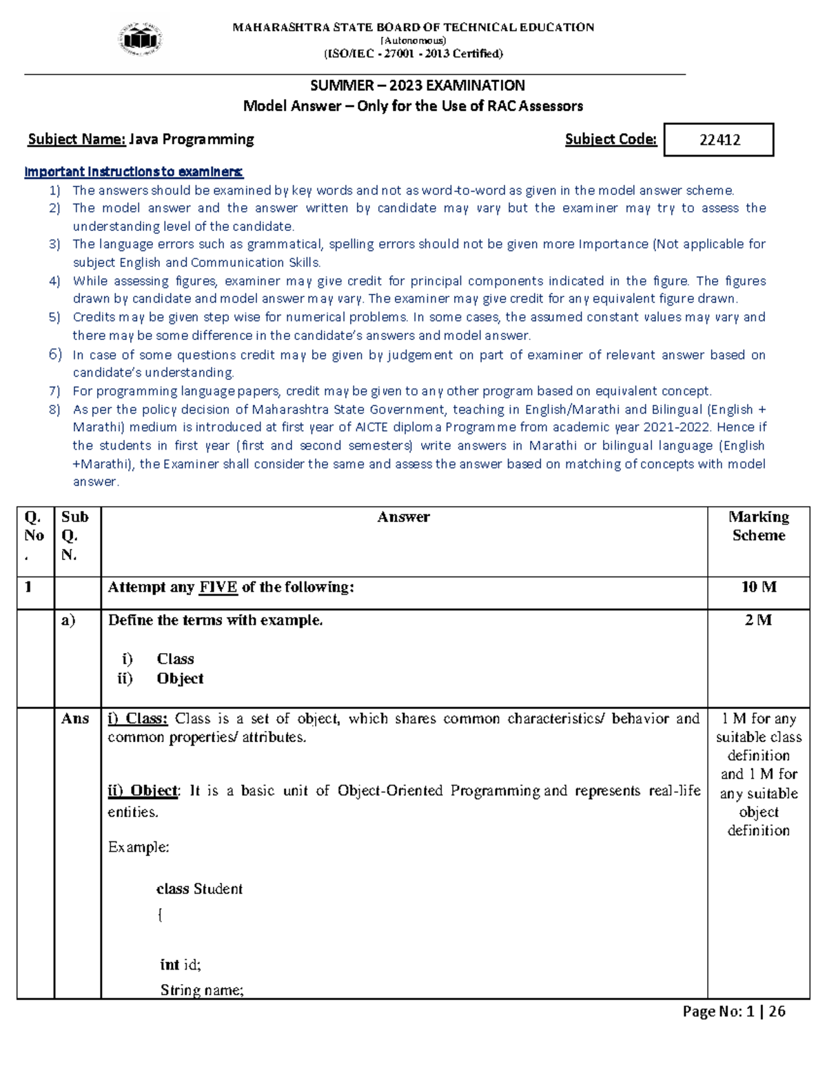 JAVA Summer 2023 Answer - (Autonomous) (ISO/IEC - 27001 - 2013 ...