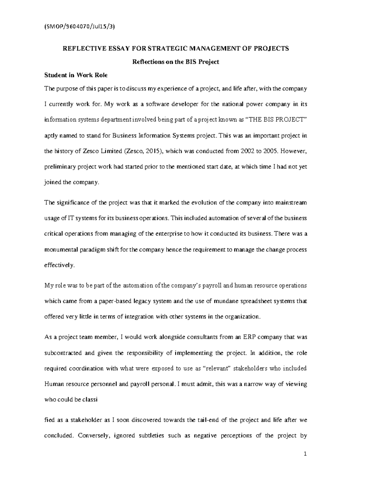 Reflective Essay FOR Strategic Managemen - REFLECTIVE ESSAY FOR ...