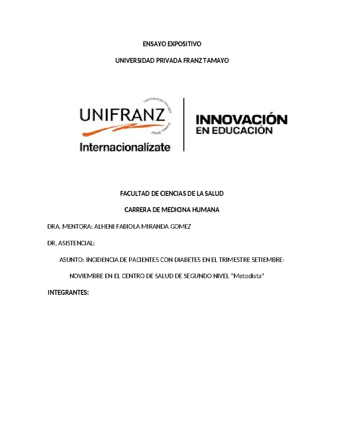 Ensayo de HTA docx - Hipertencion Arterial Alta - ENSAYO EXPOSITIVO UNIVERSIDAD PRIVADA FRANZ ...