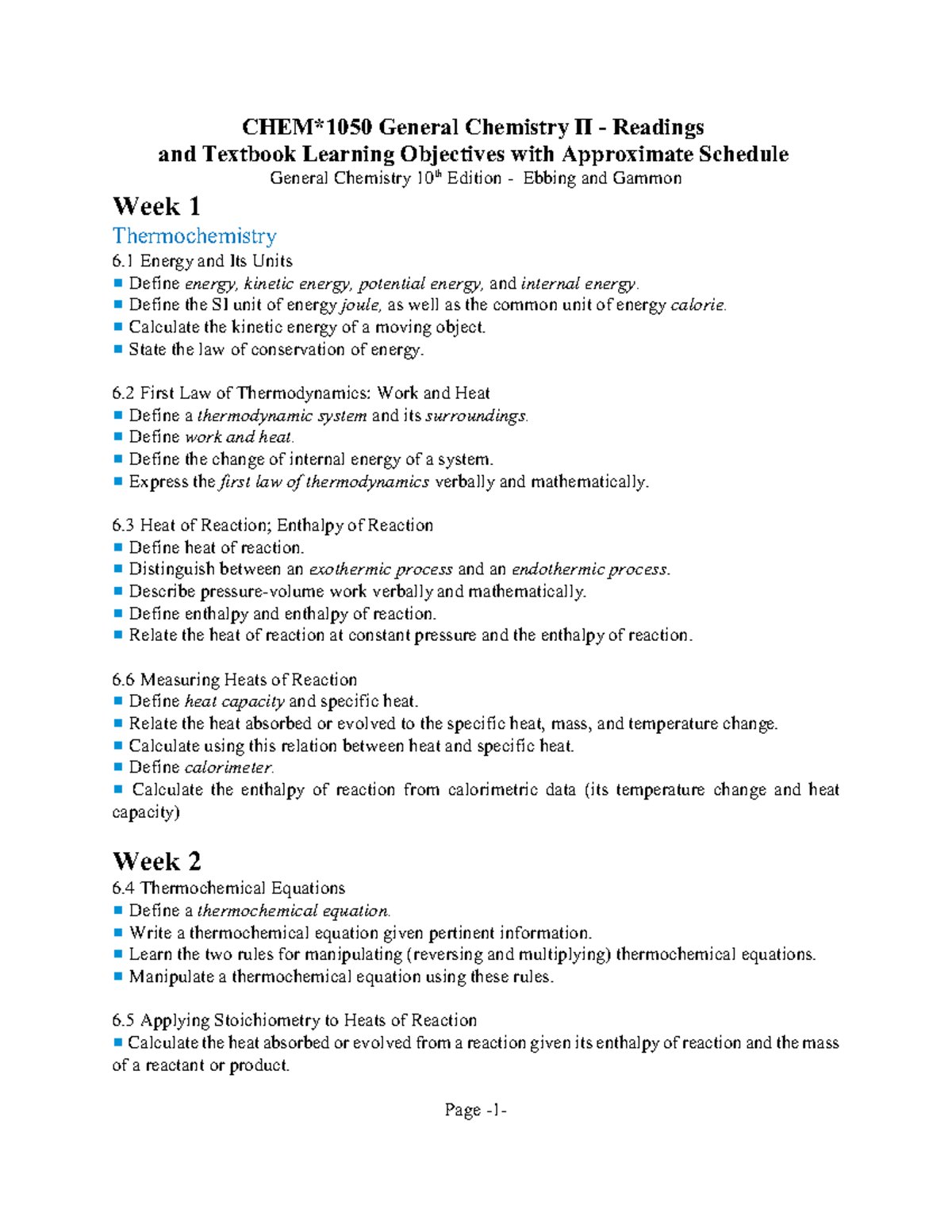 CHEM1050 Readings and Schedule for course - CHEM*1050 General Chemistry ...