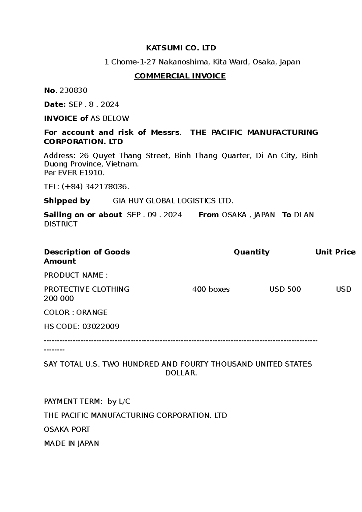 Invoice ĐẦU NHẬP - CI XNK - KATSUMI CO. LTD 1 Chome-1-27 Nakanoshima ...
