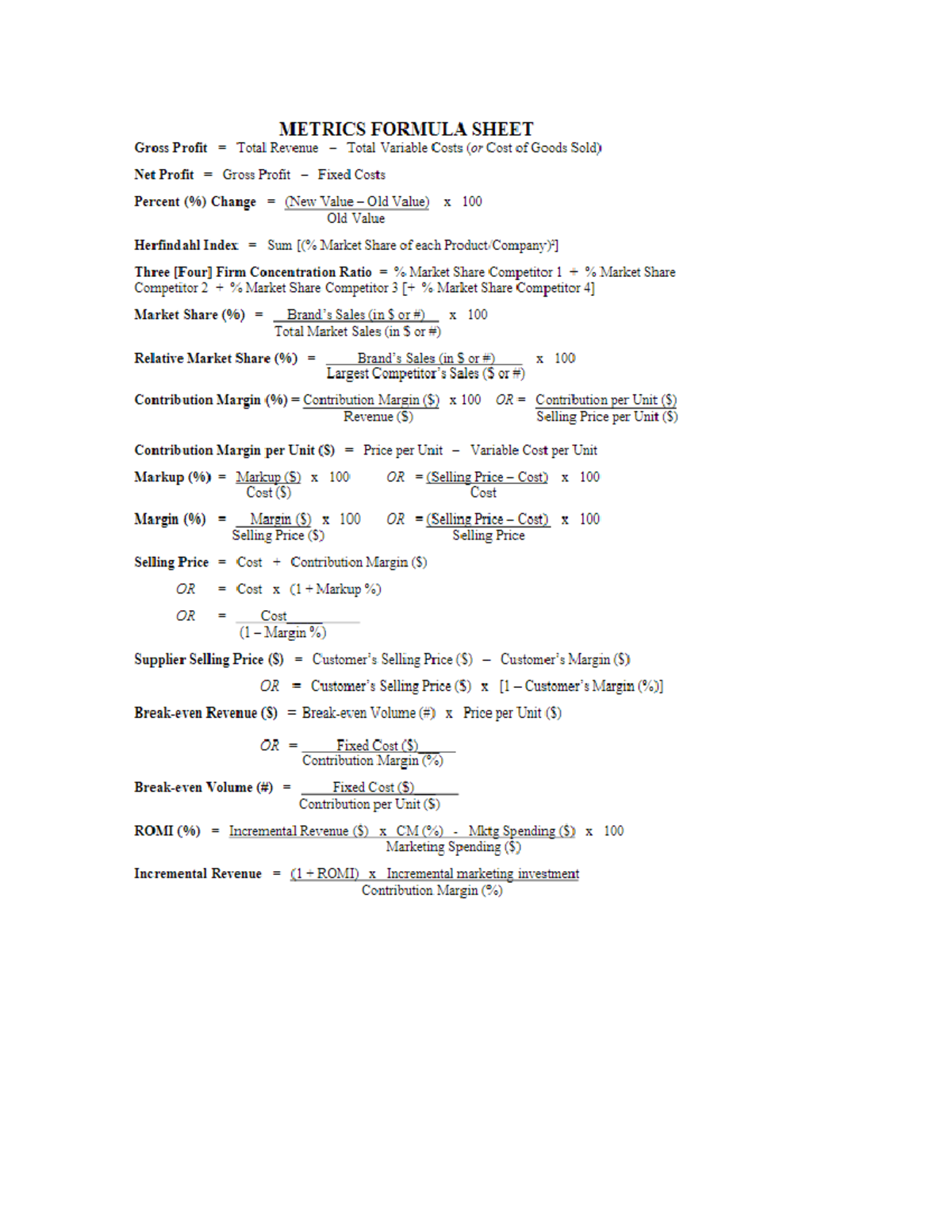 Doc1 - Formula Sheet for MKT 100 metrics - MKT100 - Warning: TT: undefined function: 32 - Studocu