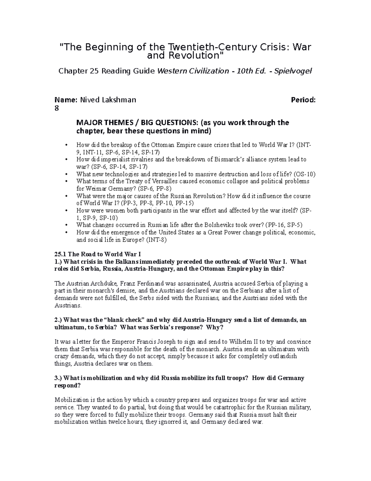 Ch25 Reading Guide RCQ+Revised - "The Beginning of the Twentieth ...