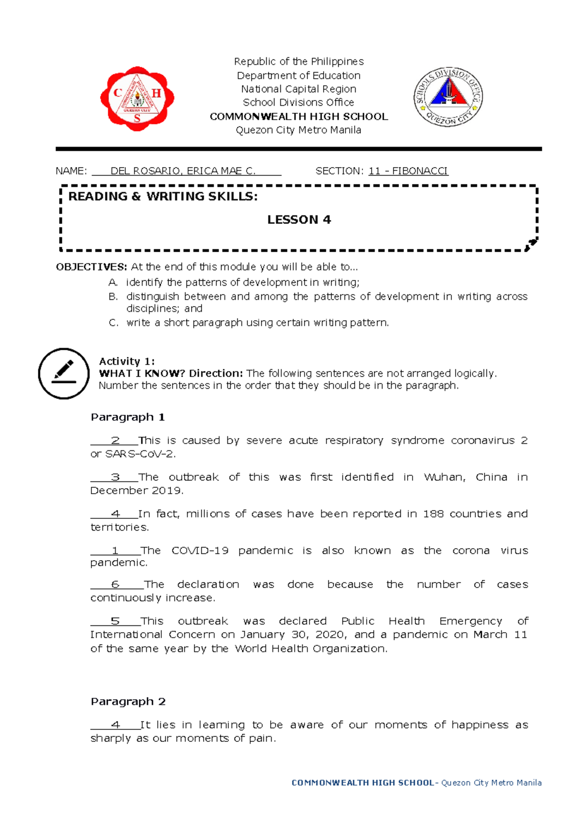 Module Lesson 4. Patterns of Development in Writing - Republic of the Philippines Department of ...