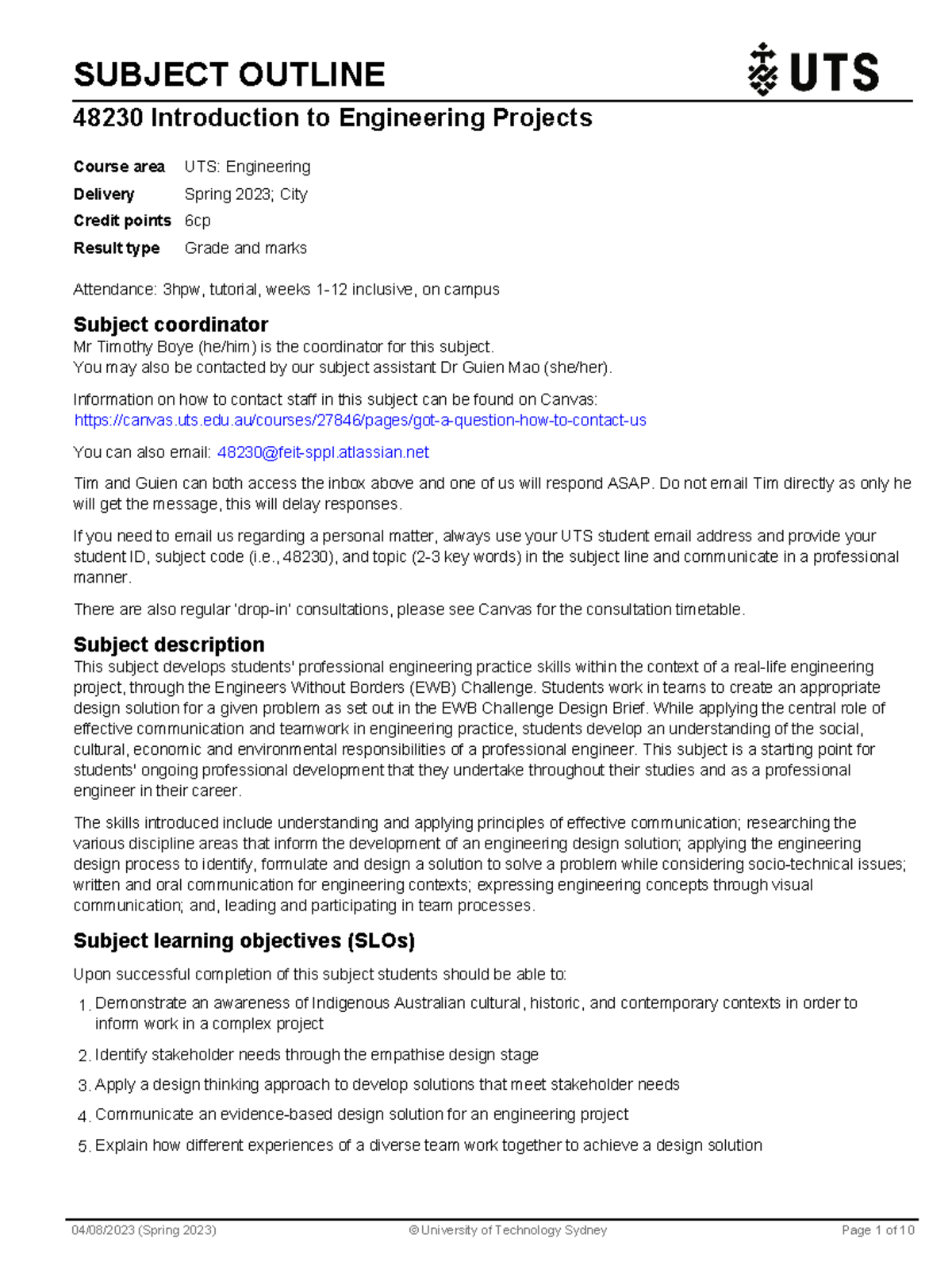 Intro to Eng Projects Outline Spring - SUBJECT OUTLINE 48230 ...