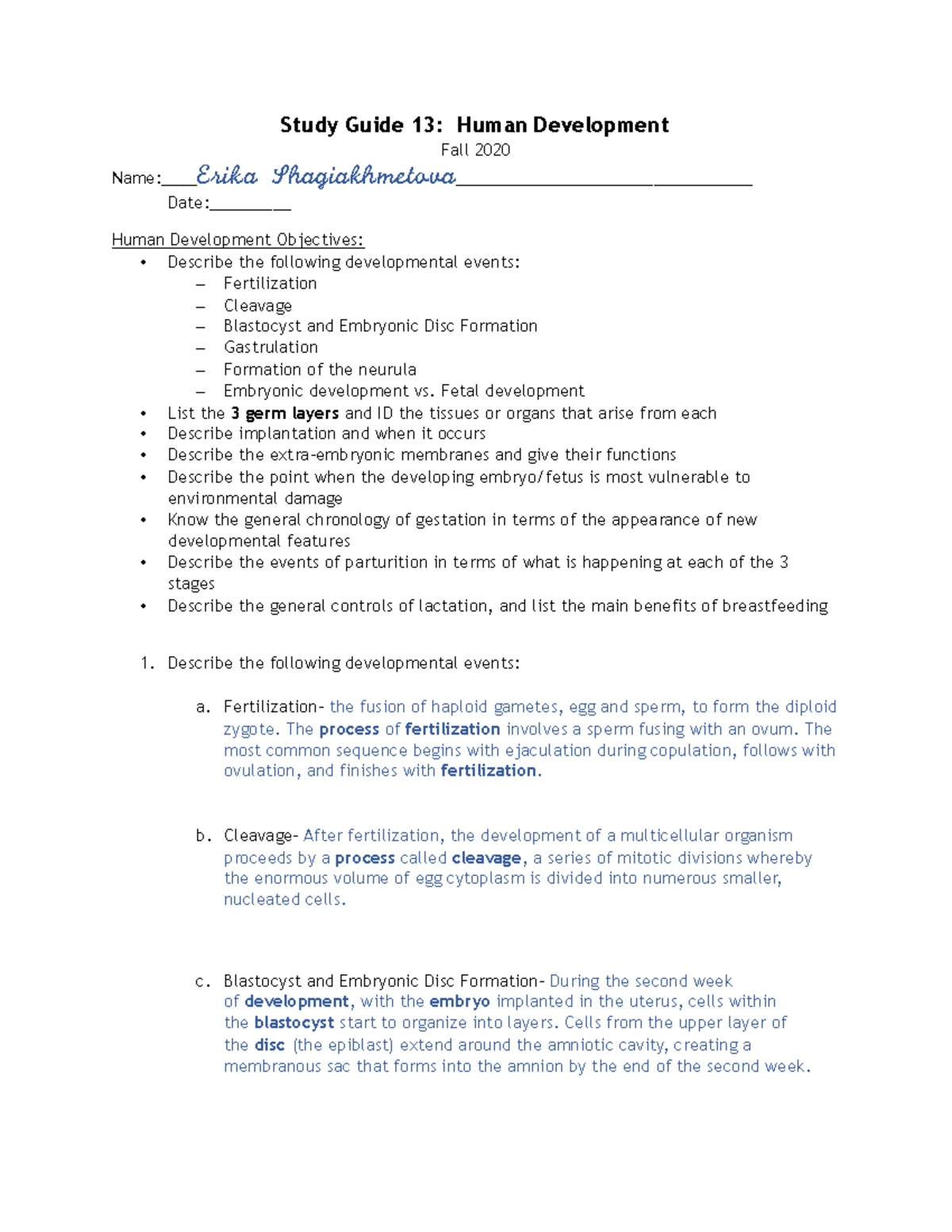 SG 13 Human Development FA2020 - Study Guide 13: Human Development Fall ...