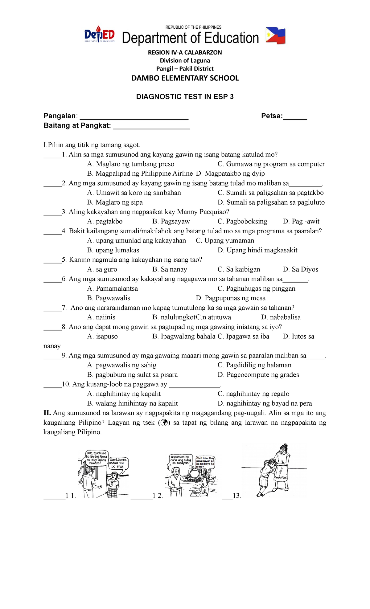 PRE-TEST ESP 3 practice only - REGION IV-A CALABARZON Division of ...