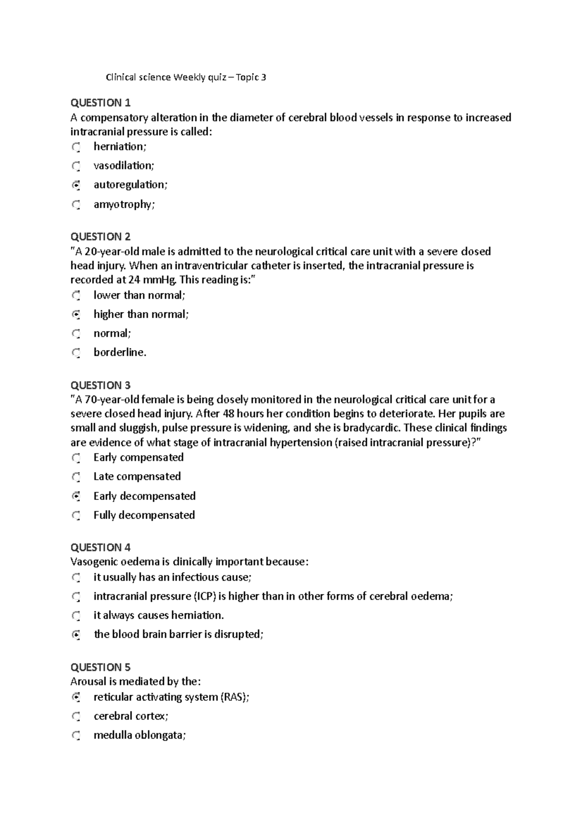 Weekly Quiz Questions - Topic 3 Neurological - Clinical science Weekly ...