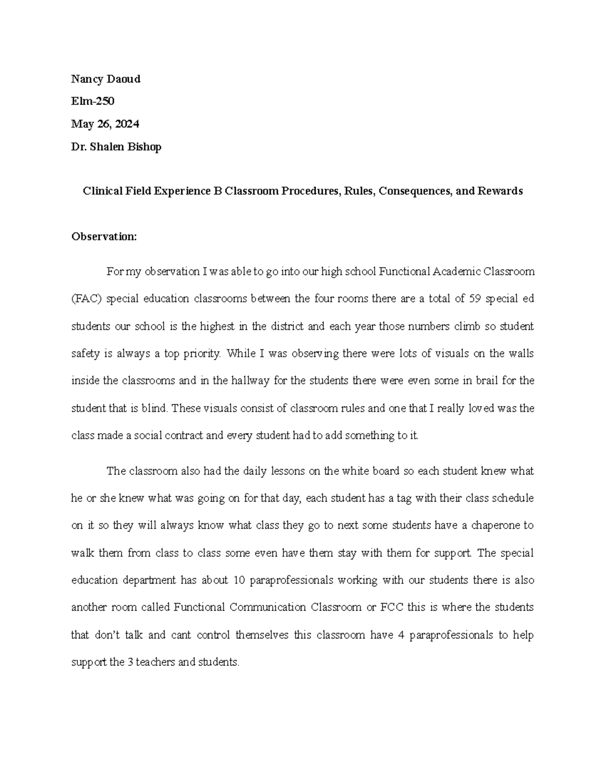 Clinical Field Experience B Classroom Procedures^J Rules^J Consequences ...