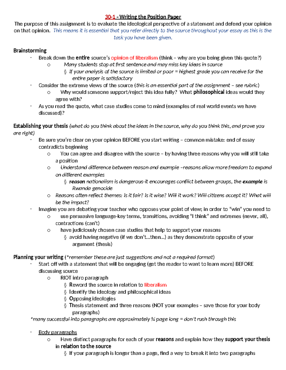 Breakdown - position paper - 30-1 - Writing the Position Paper The ...