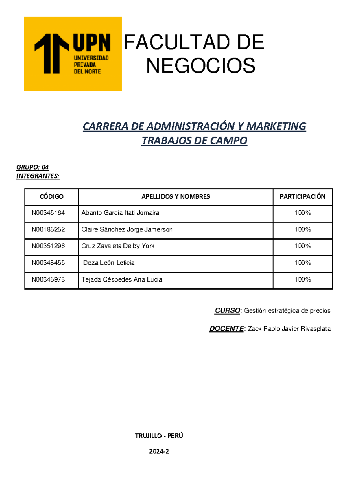 Gestión estrategica de precios en proceso TC11 - FACULTAD DE NEGOCIOS ...