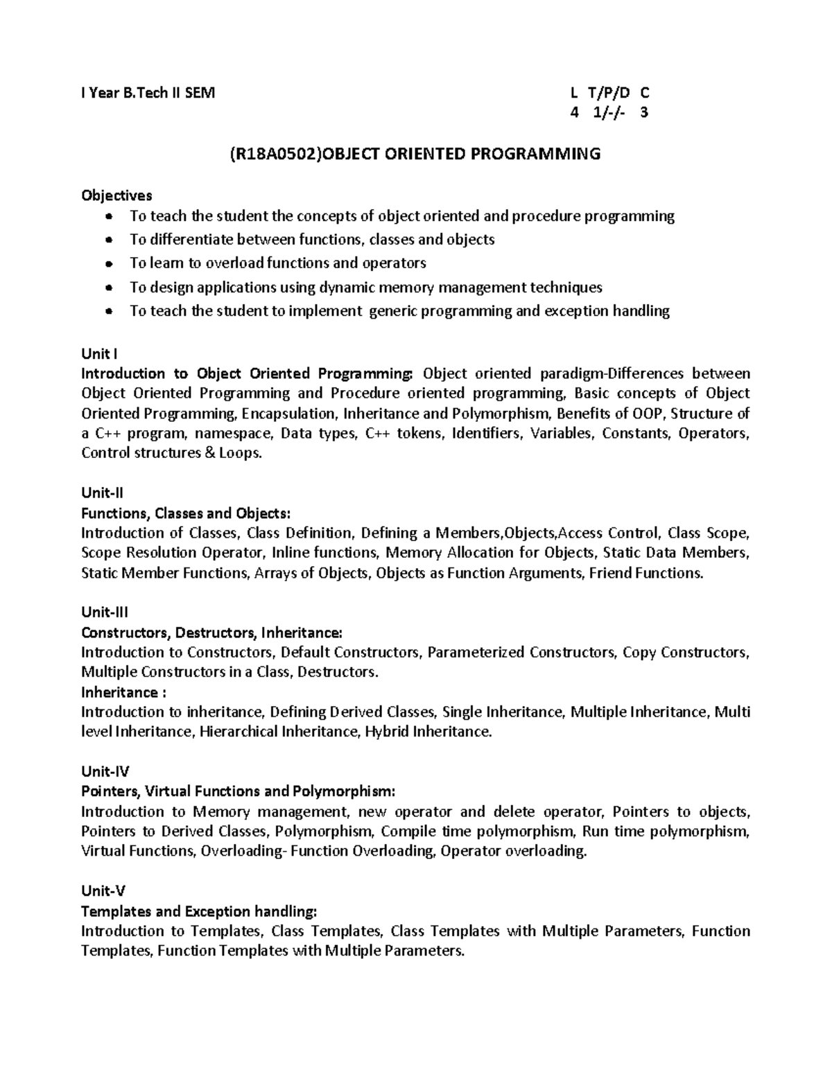 Oop 1 Removed Object Oriented Programming I Year B Ii Sem L Tpd C 4289
