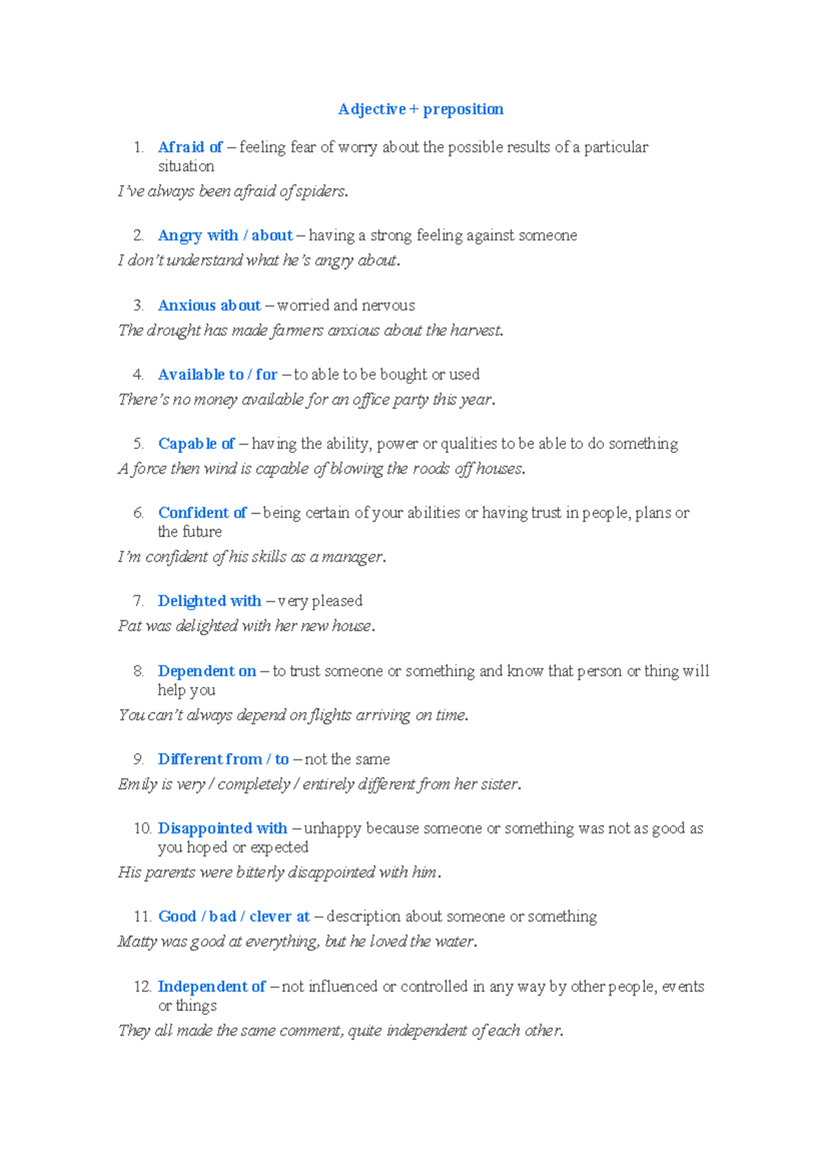 Adjective + preposition - Adjective + preposition Afraid of – feeling ...