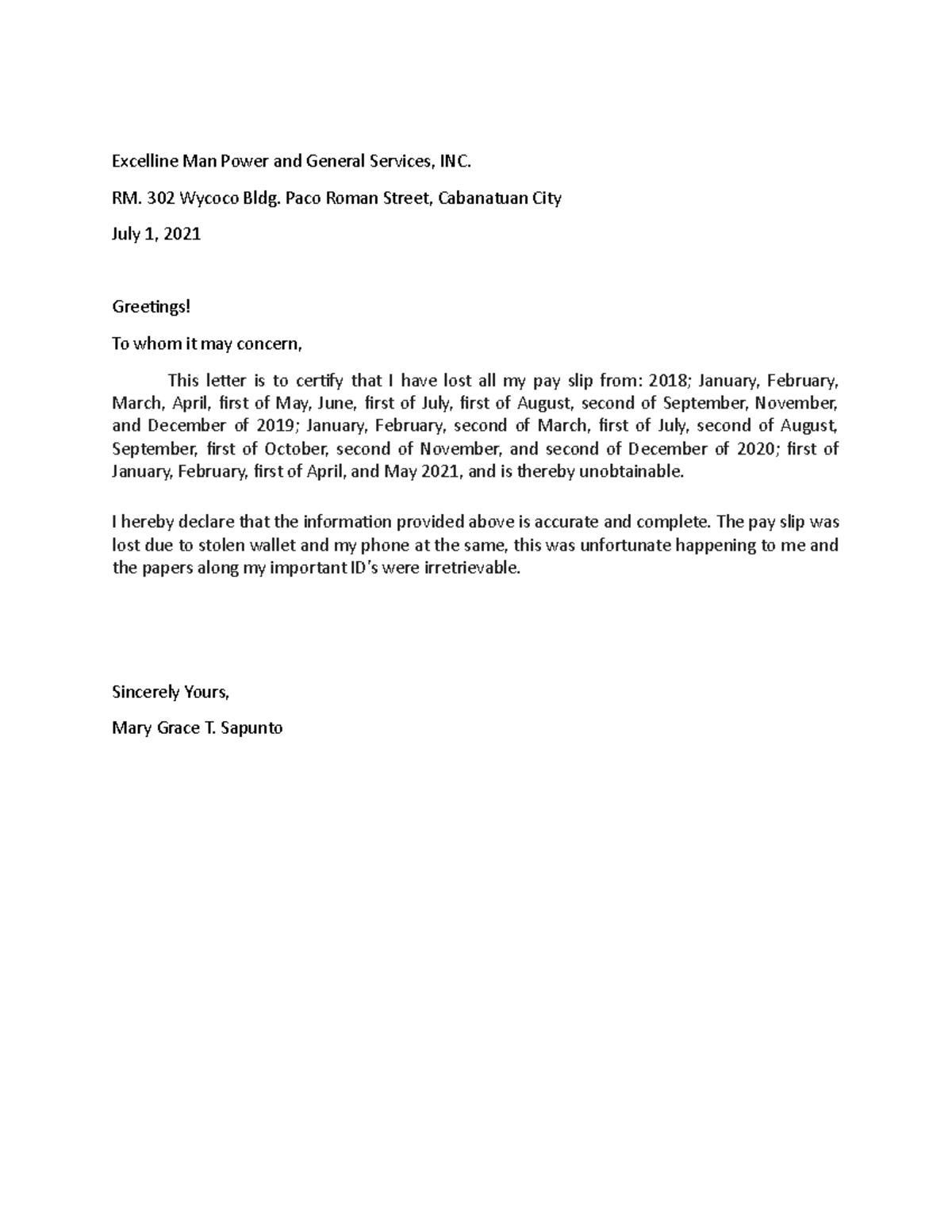 Lost payslip - Excelline Man Power and General Services, INC. RM. 302 ...