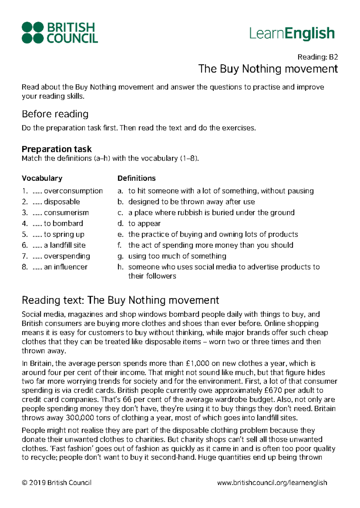 Learn English Reading B2 The Buy Nothing movement 1 3 - © 2019 British Council - Studocu