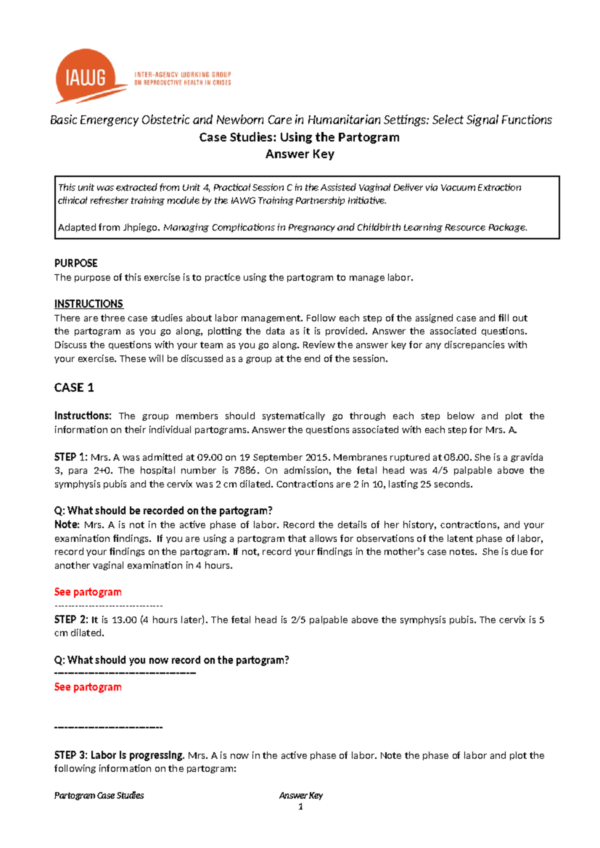 Partogram Case Studies Answer Key revised 2019 - Basic Emergency ...