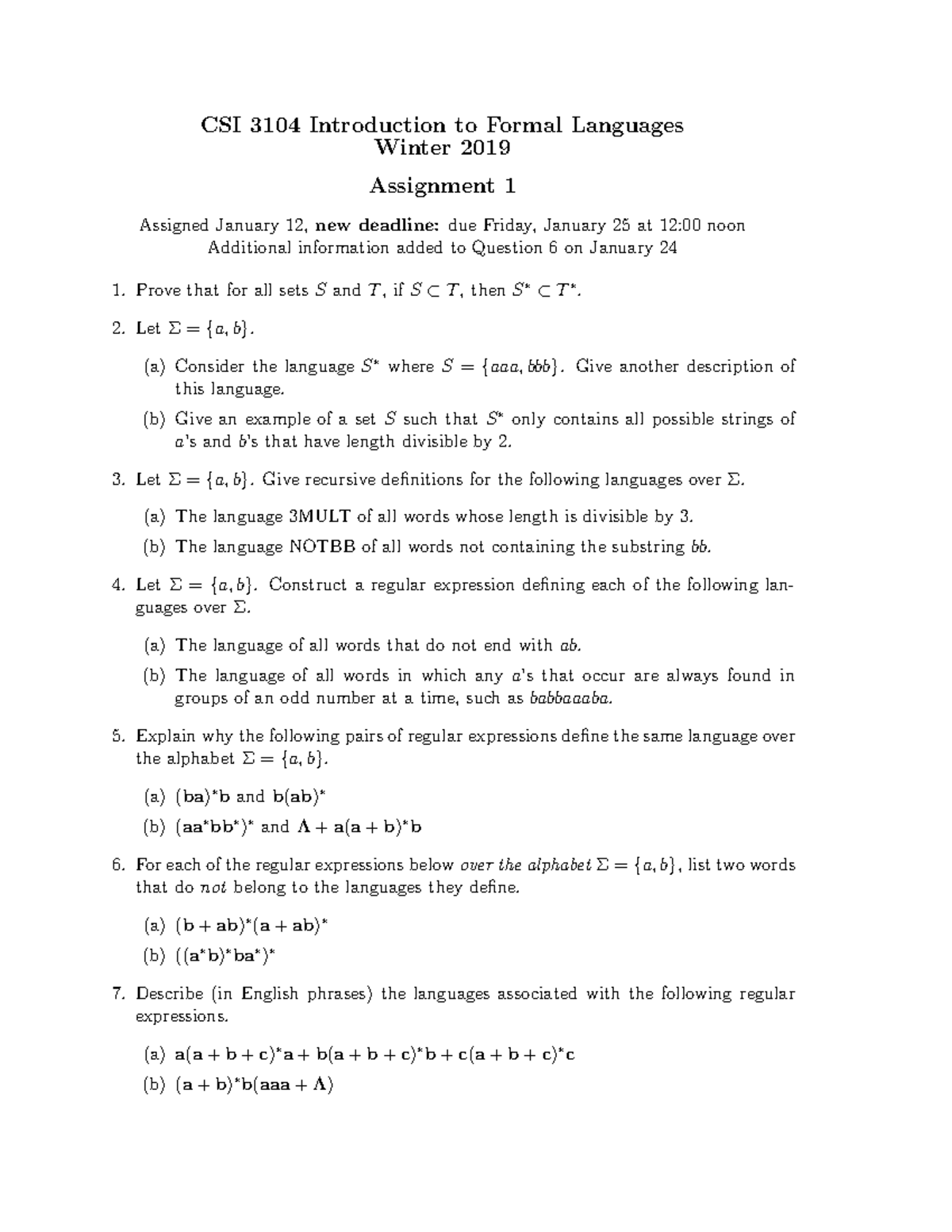 A1 - The first assignment - CSI 3104 Introduction to Formal Languages Winter 2019 Assignment 1 ...