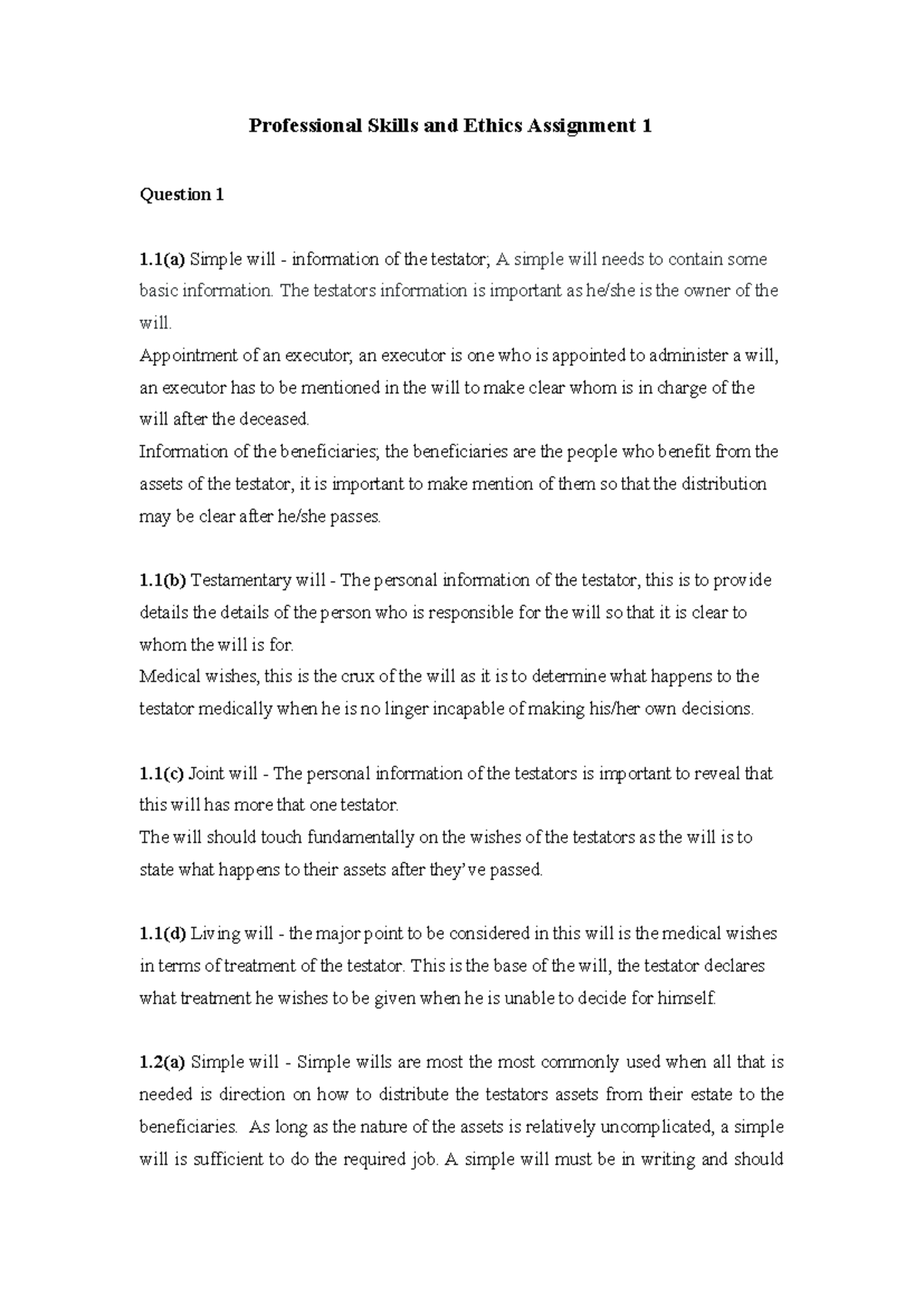 Professional Skills and Ethics Assignment 1 - The testators information ...