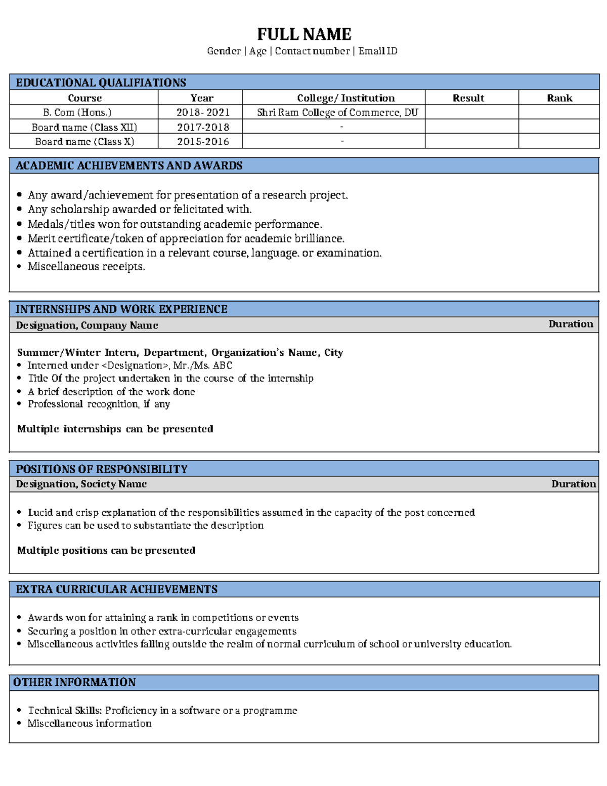 CV Format 1 - cv fo - FULL NAME Gender | Age | Contact number | Email ...