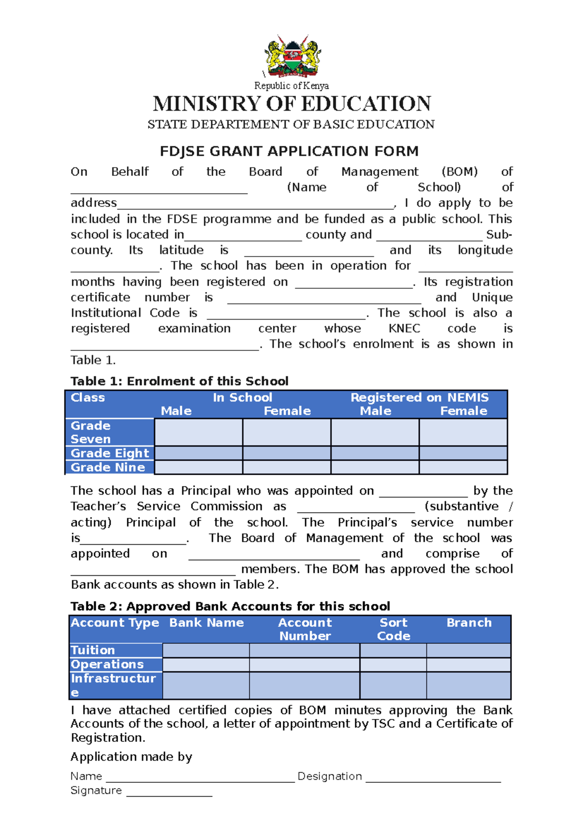 FDSE Application Form - Republic of Kenya MINISTRY OF EDUCATION STATE ...