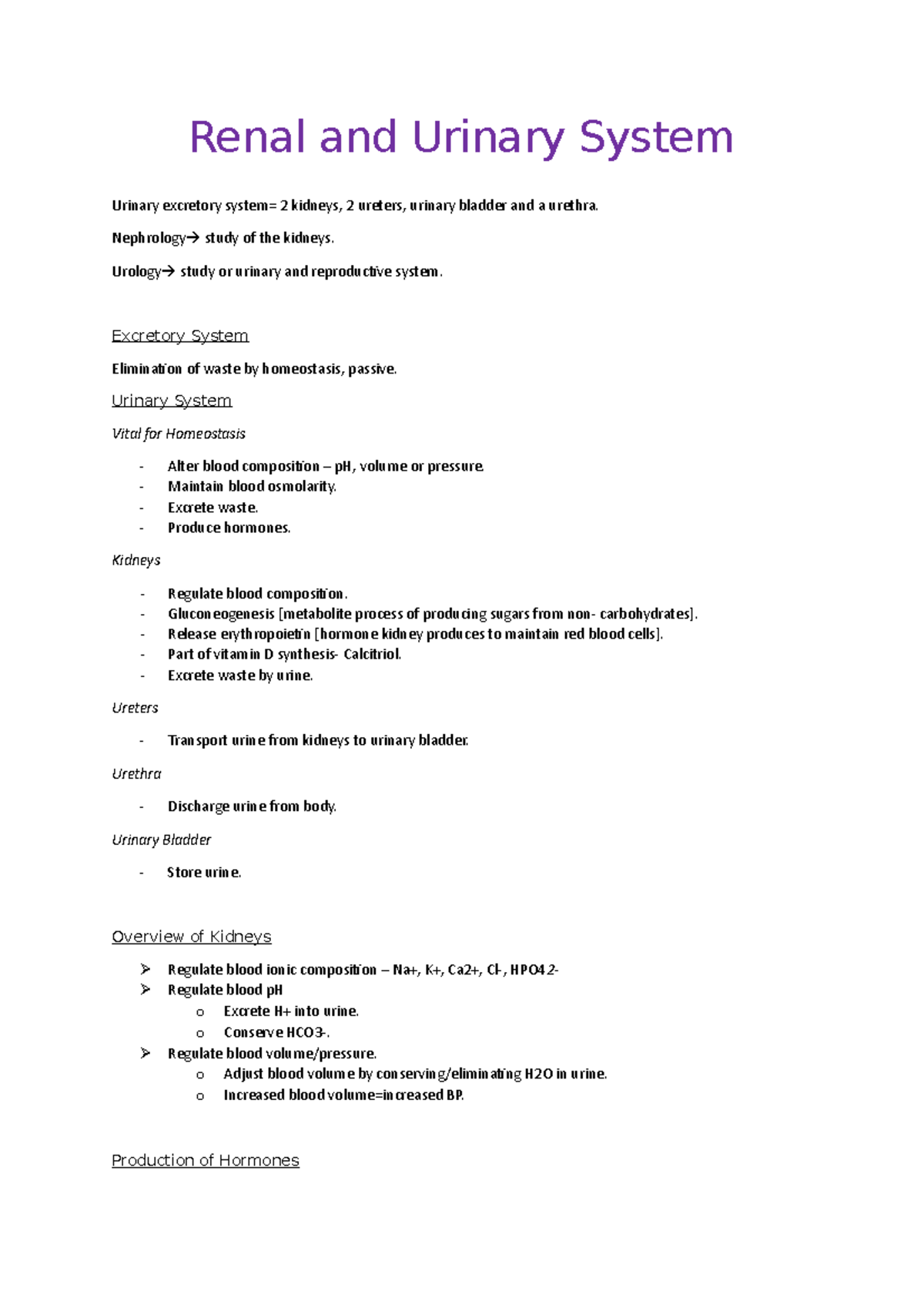 Lecture 8- Renal system - Renal and Urinary System Urinary excretory ...