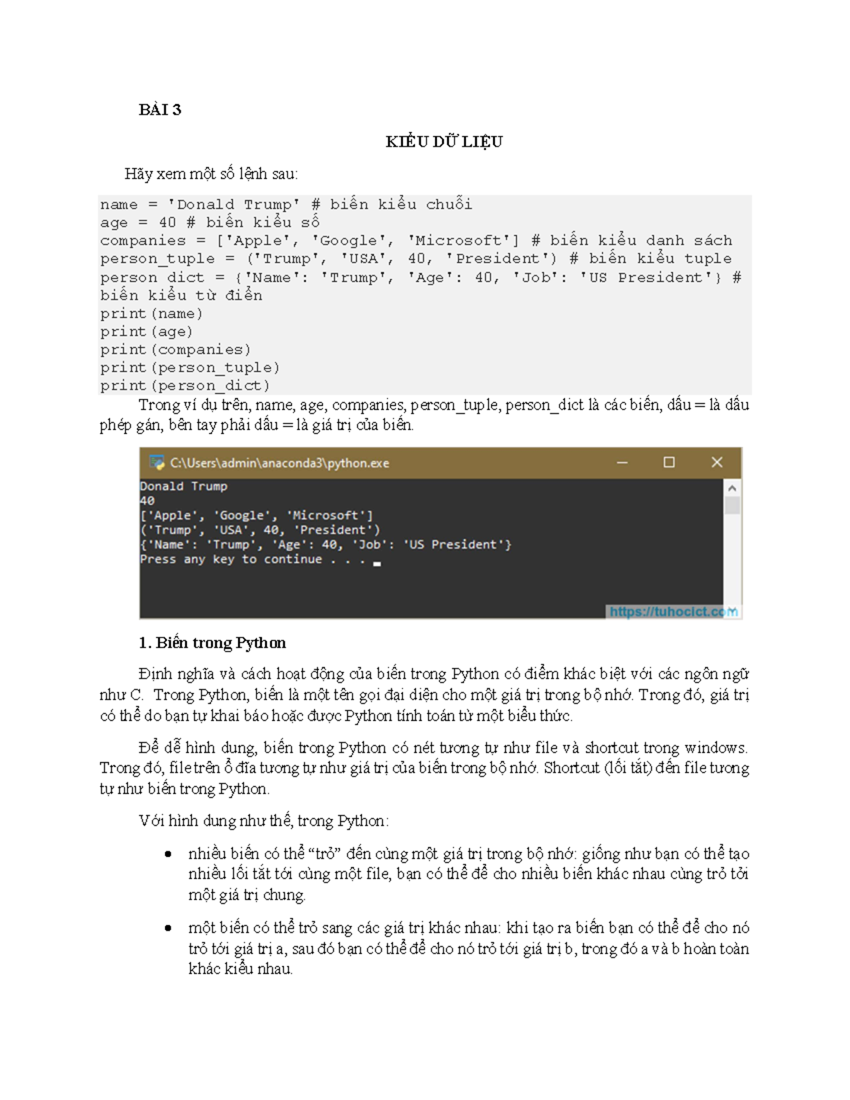 Bài 3-4 Python - BÀI 3 KIỂU DỮ LIỆU Hãy xem một số lệnh sau: name ...