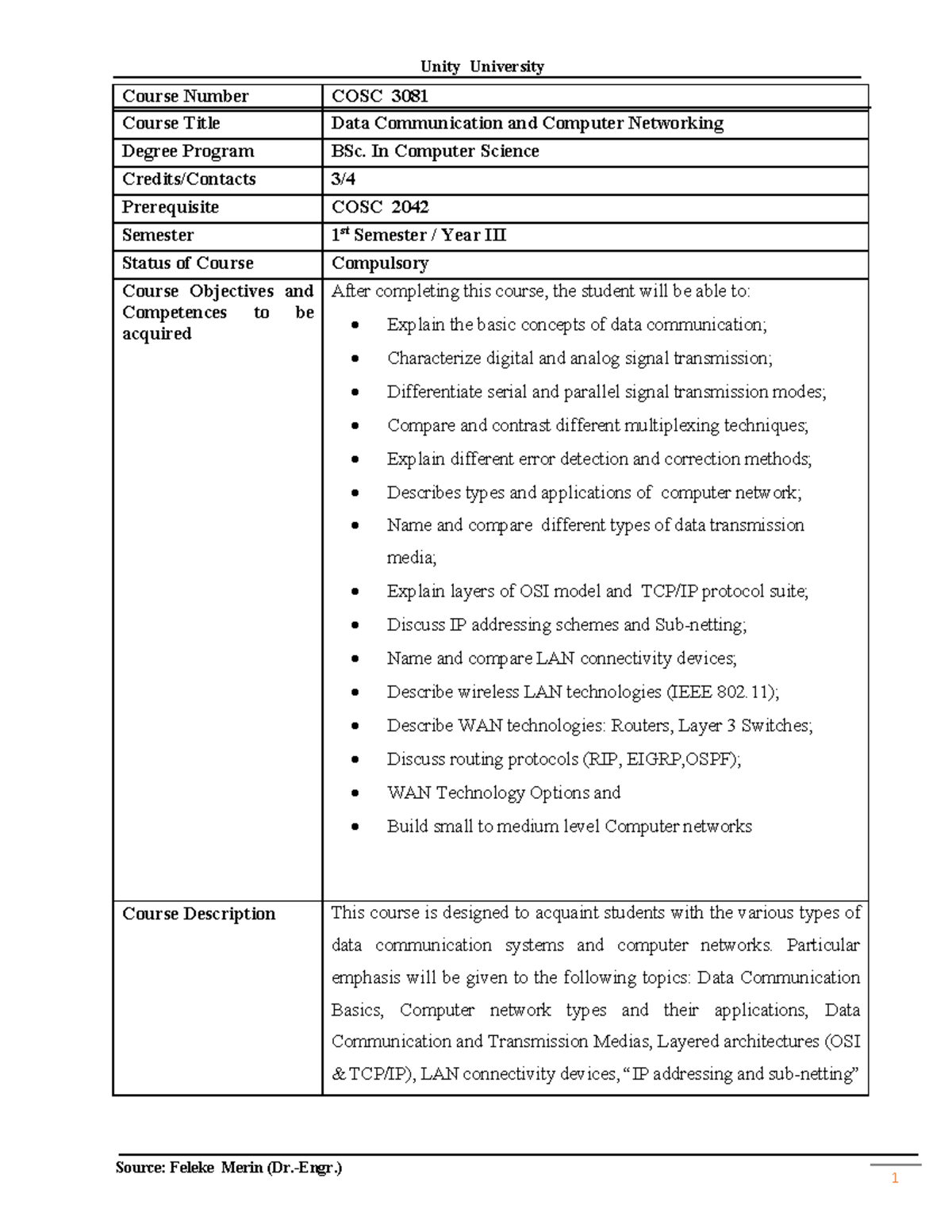 Feleke Course Plan Networking - Computer organization and architecture - Studocu