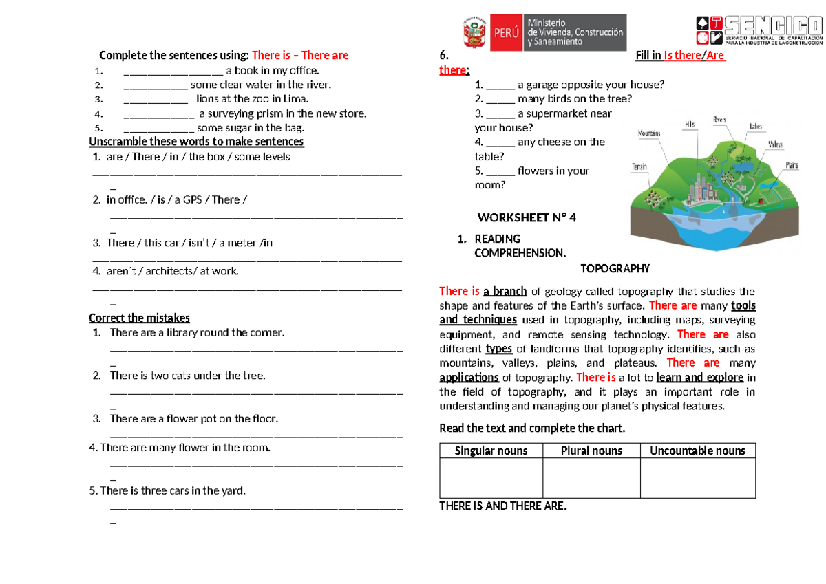 Topography - Complete the sentences using: There is – There are 1 ...