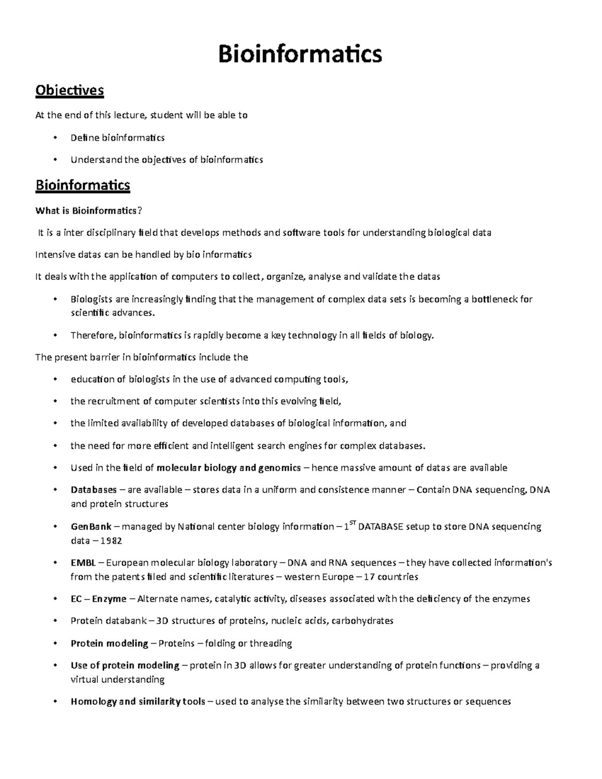 Sem 01 Pharmacy bioinformatics - Objectives Bioinformatics At the end ...
