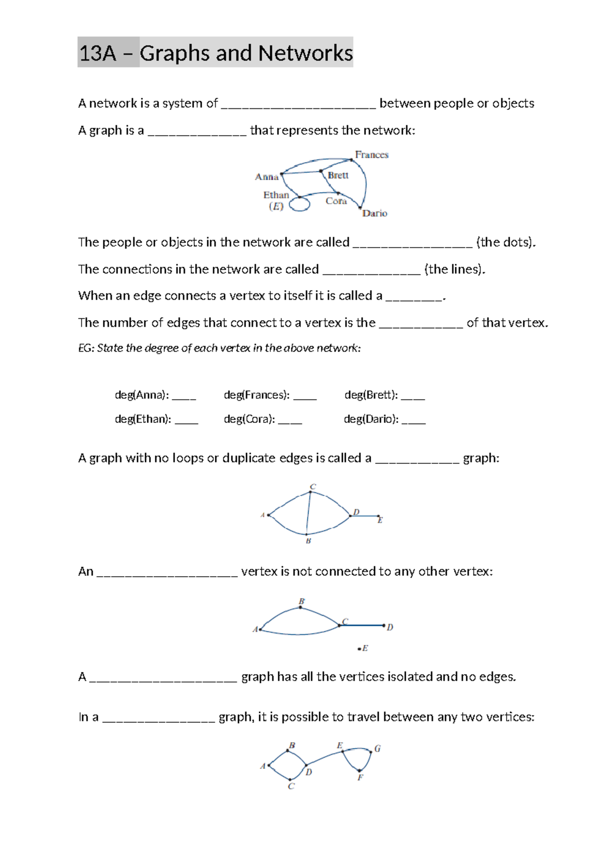 13A - Graphs and networks - 13A – Graphs and Networks A network is a ...