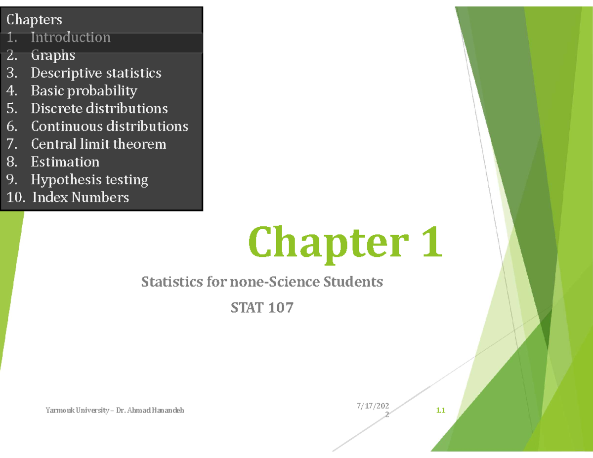Lect#1-summ22 - Chapters 1. Introduction 2. Graphs 3. Descriptive statistics 4. Basic ...