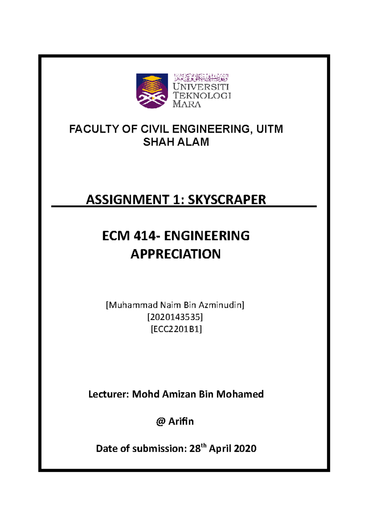 Assignment 1 (Skyscraper) Engineering Appreciation - FACULTY OF CIVIL ...