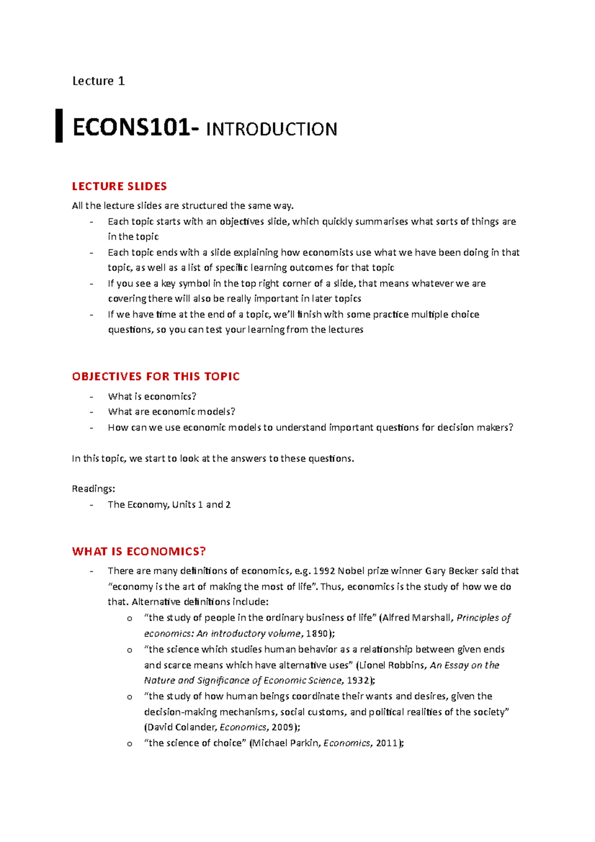 Lecture 1- Introduction - Lecture 1 ECONS101- INTRODUCTION LECTURE ...