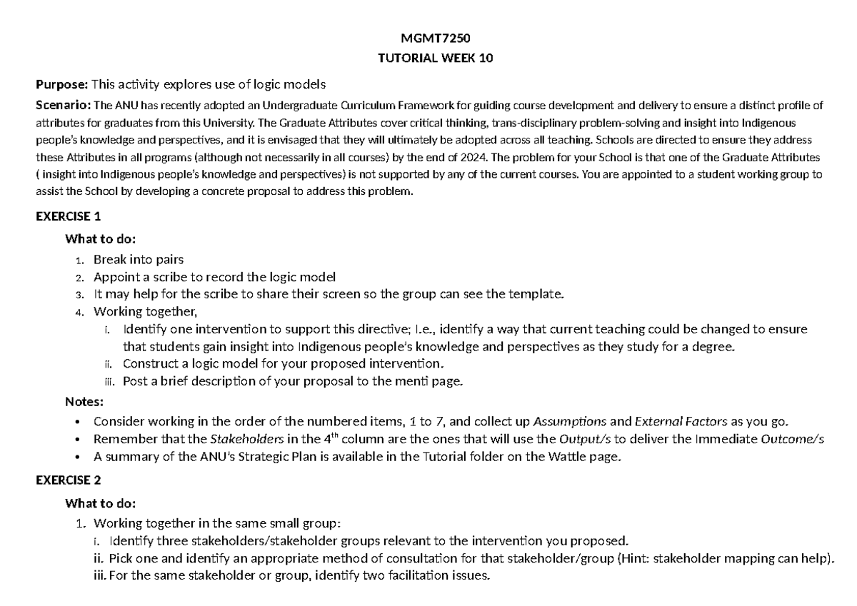 MGMT7250 2024 S1 Week 10 Tutorial - Exercise 1 2 - Page 1 - MGMT TUTORIAL WEEK 10 Purpose: This ...