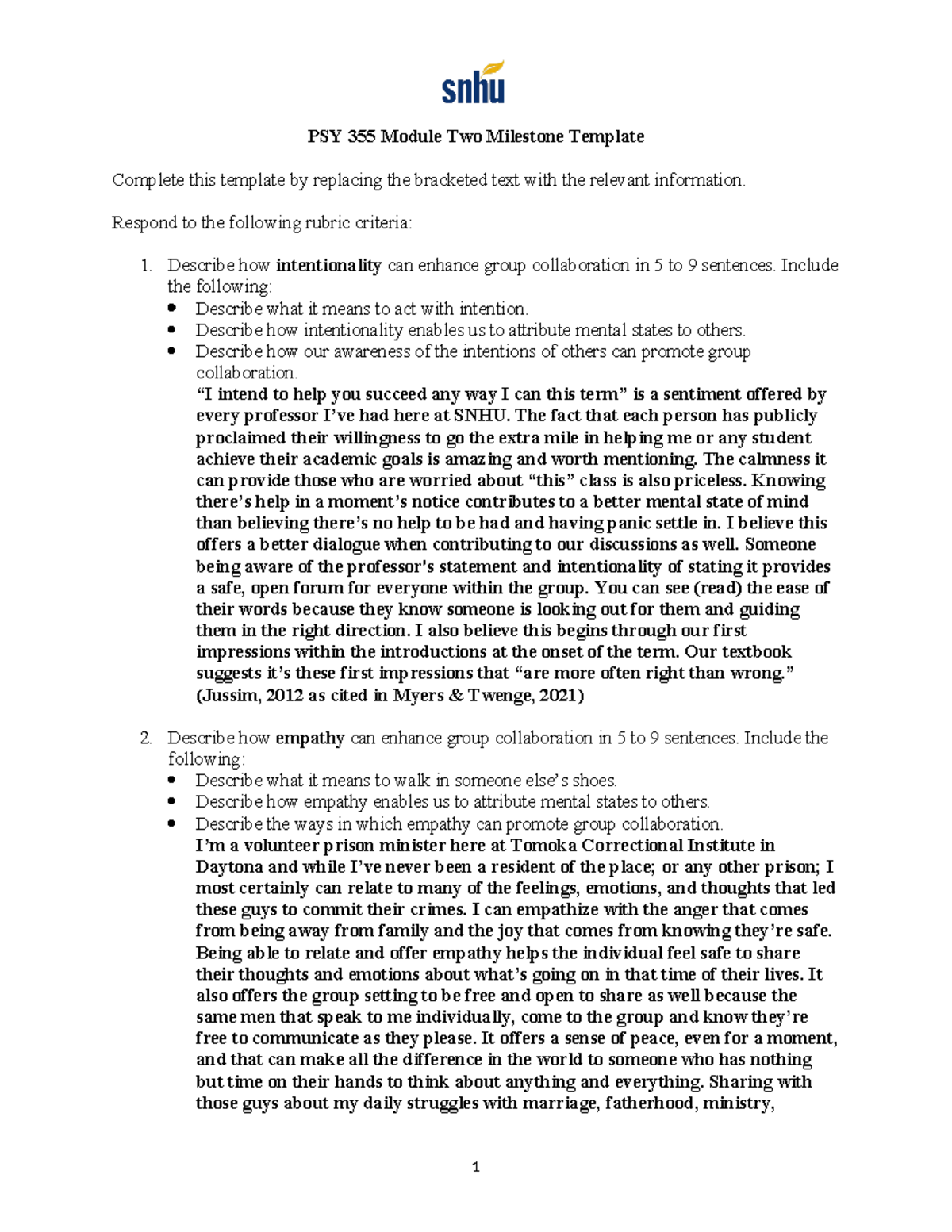 PSY 355 Module Two Milestone - Respond to the following rubric criteria ...