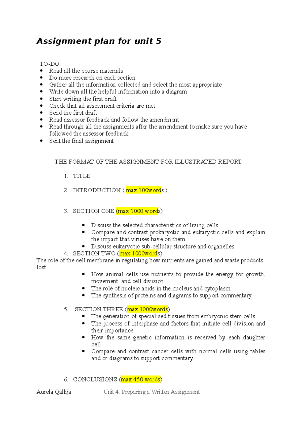 Unit 4 Assignment plan for unit five - Assignment plan for unit 5 TO-DO ...